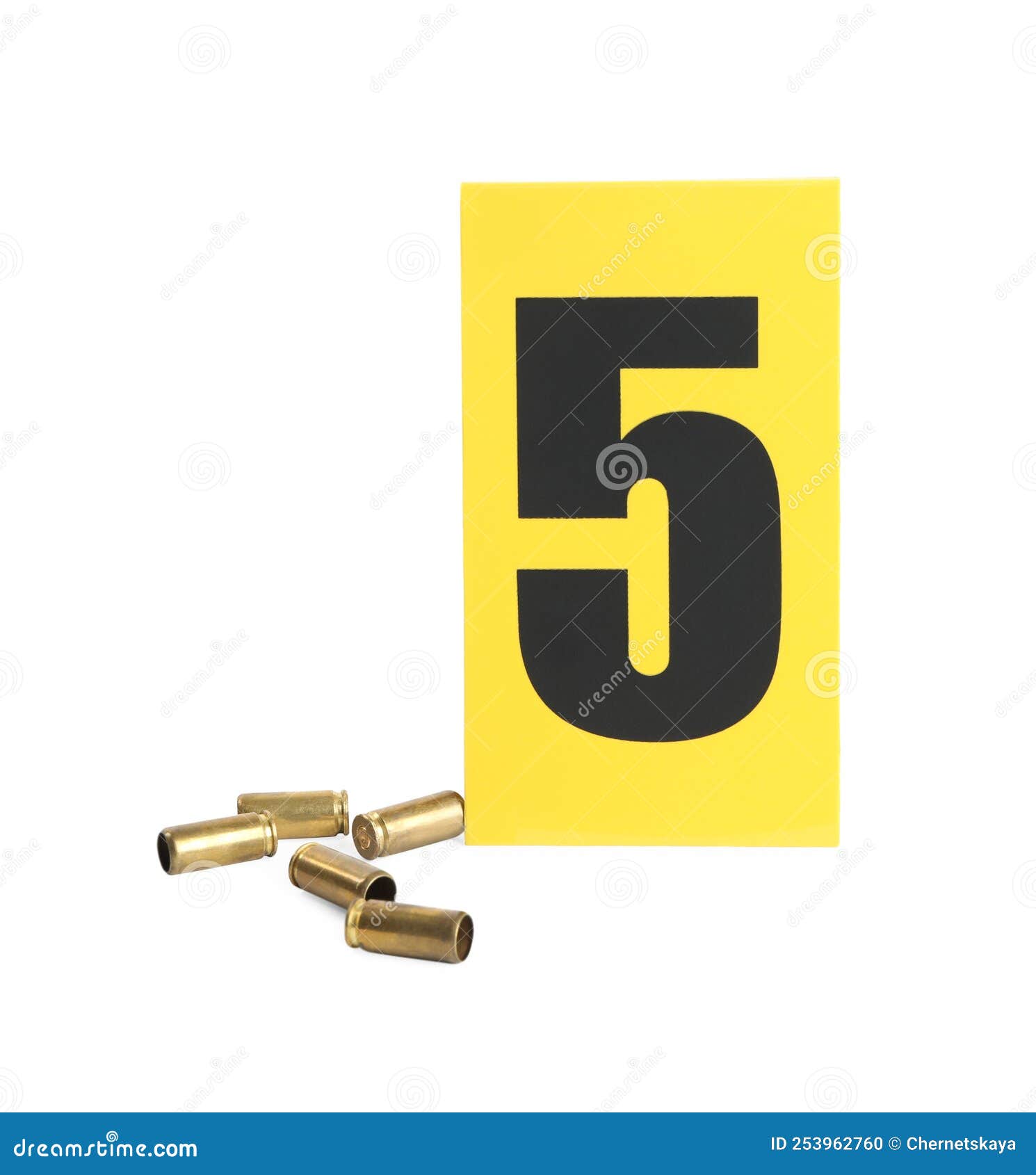 Shell Casings and Crime Scene Marker with Number Five Isolated on White ...