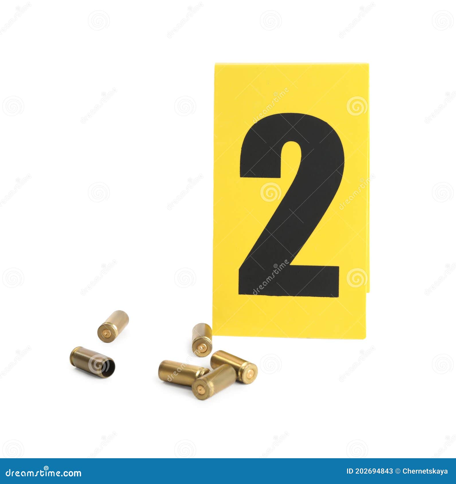 Shell Casings and Crime Scene Marker with Number Two Isolated on White ...