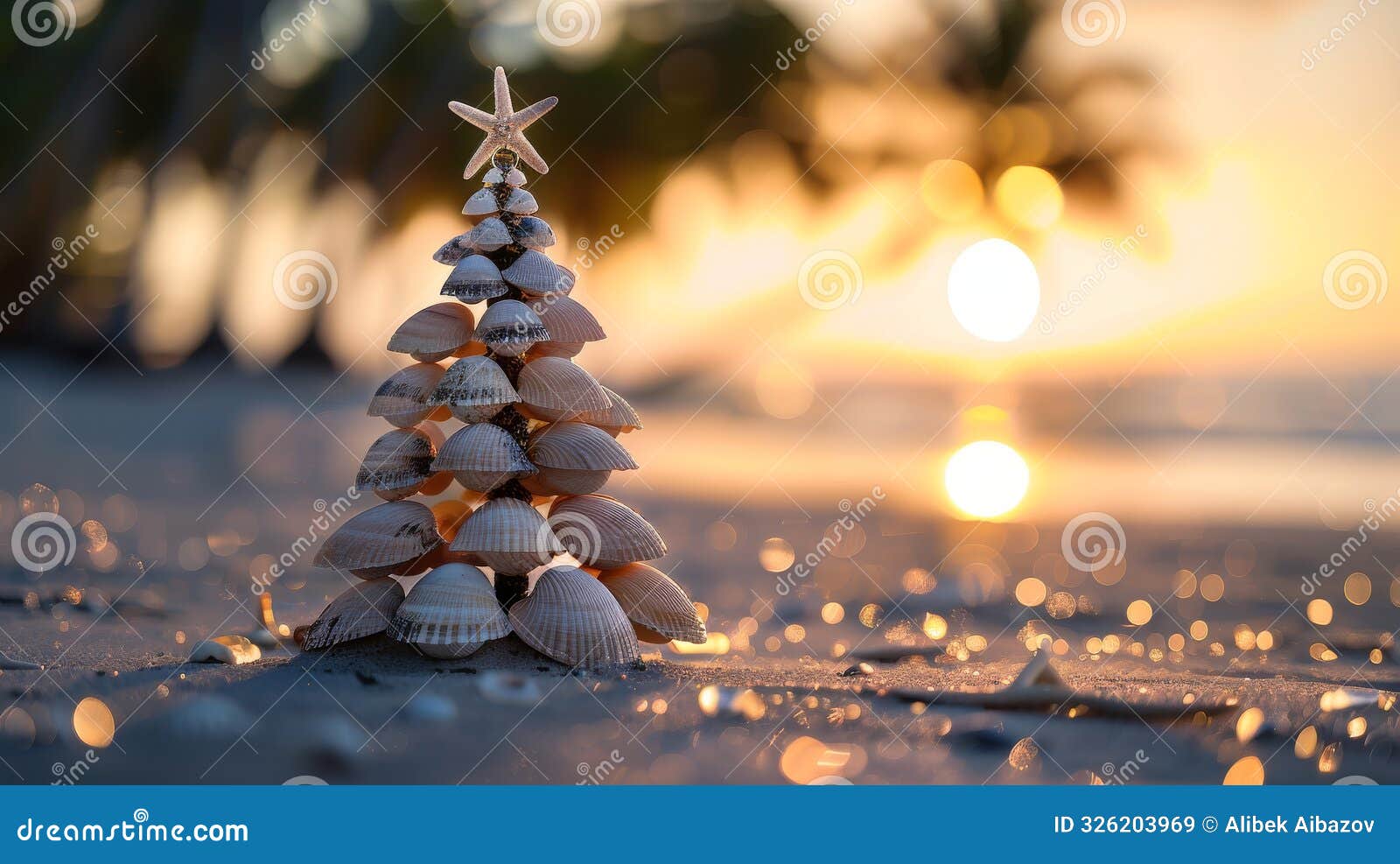 Shell Christmas Tree on Sunset Beach with Palm Trees in the Background ...
