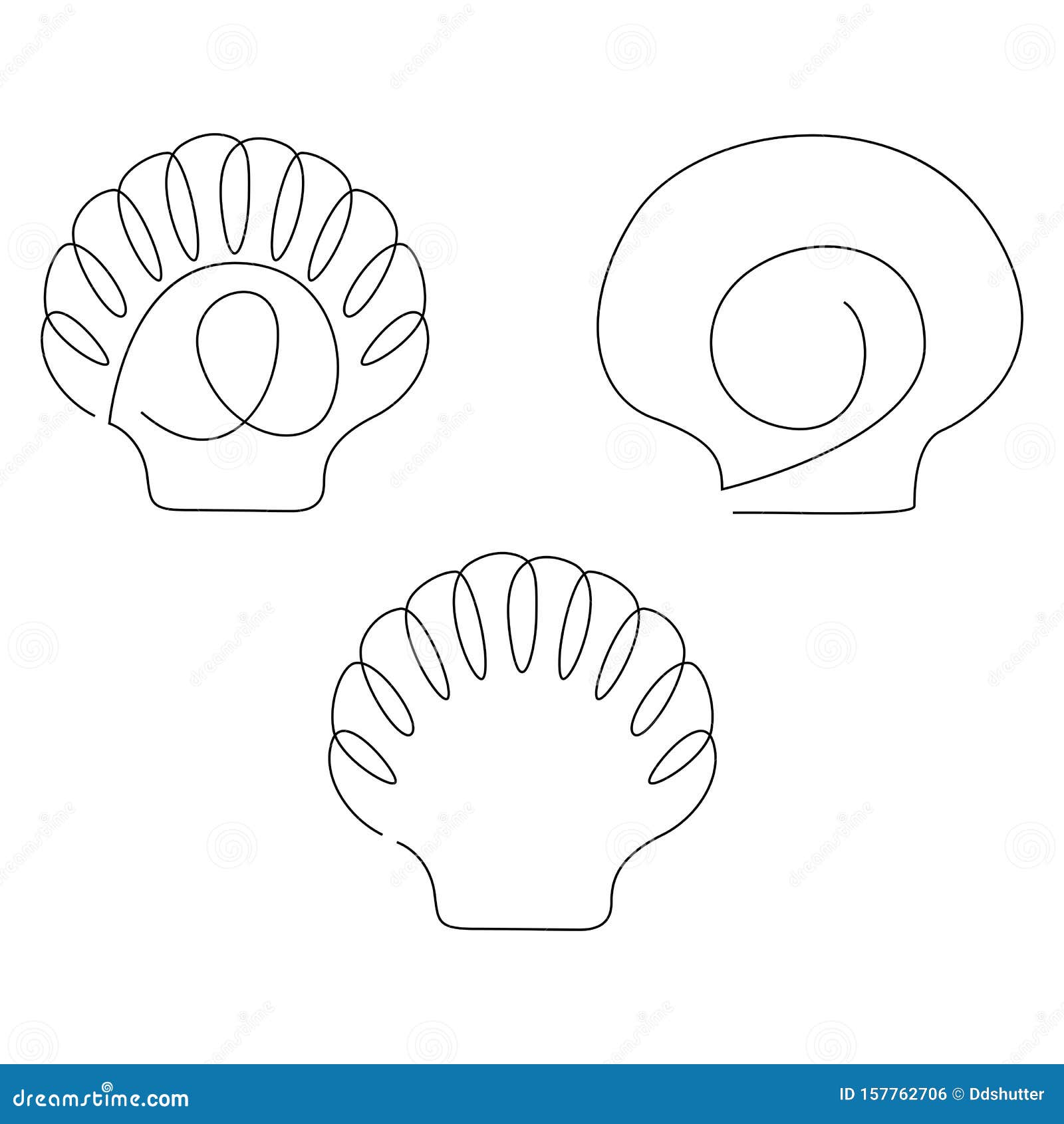 Scallop Shell Illustration Set Drawn by One Line. Minimalist Style ...