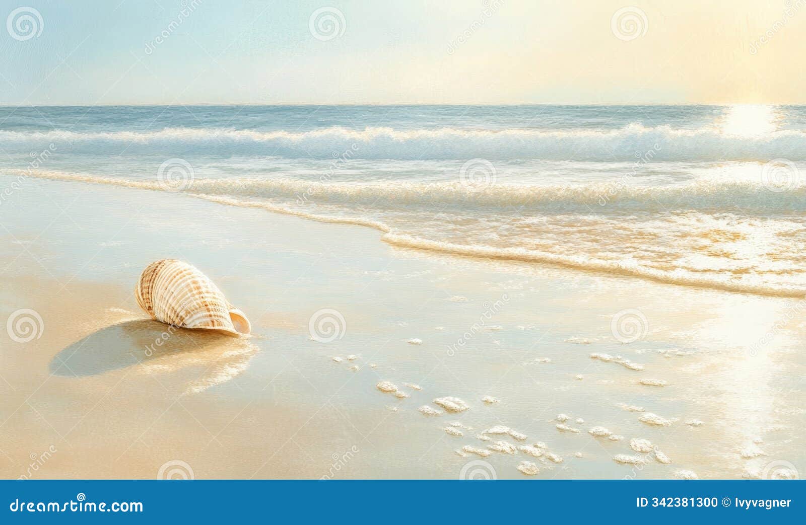 A Shell is Laying on the Beach, with the Ocean in the Background ...