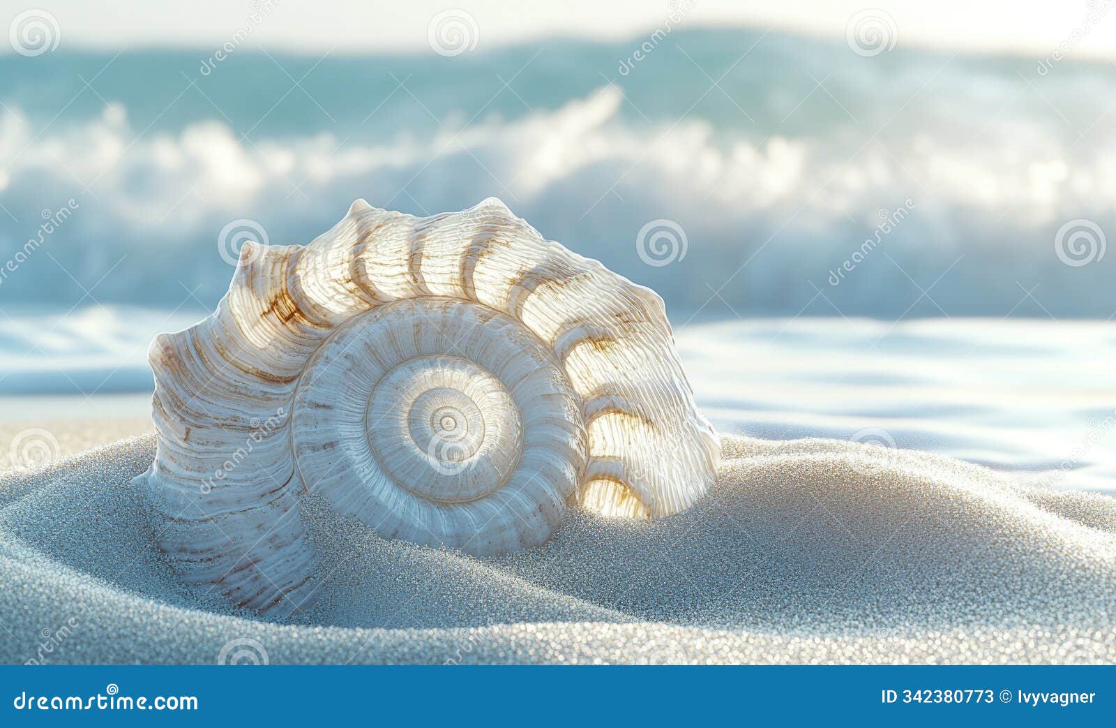 A Shell is Laying on the Sand, with the Ocean in the Background Stock ...