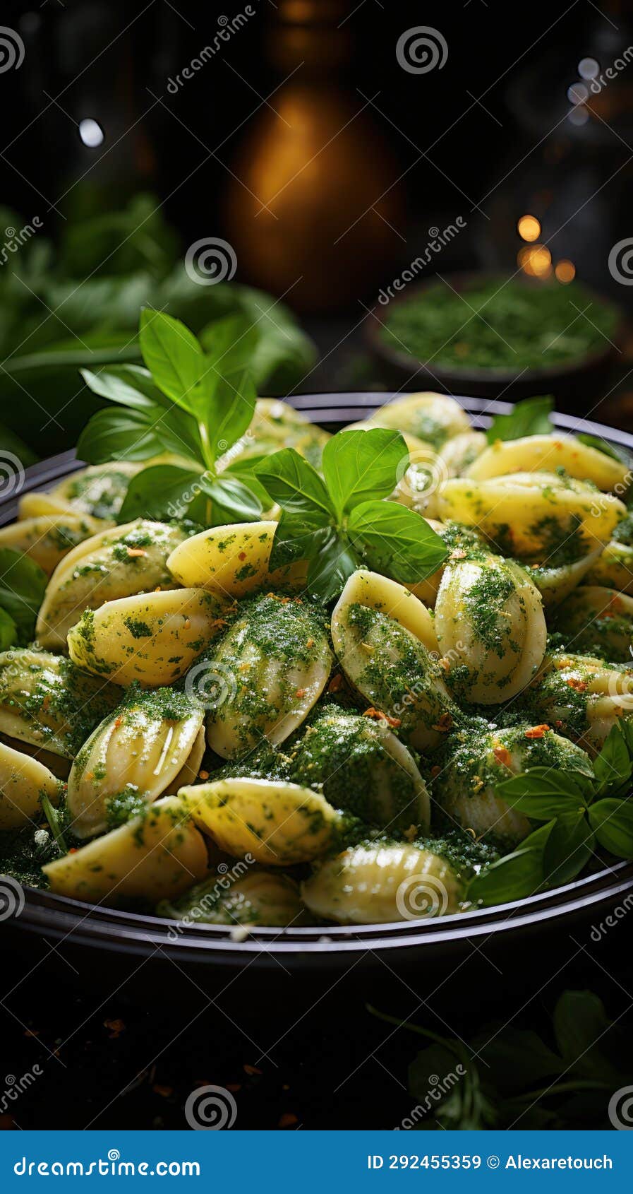 Shell Pasta Fried with Spinach and Seasoned with Basil and Garlic Stock ...