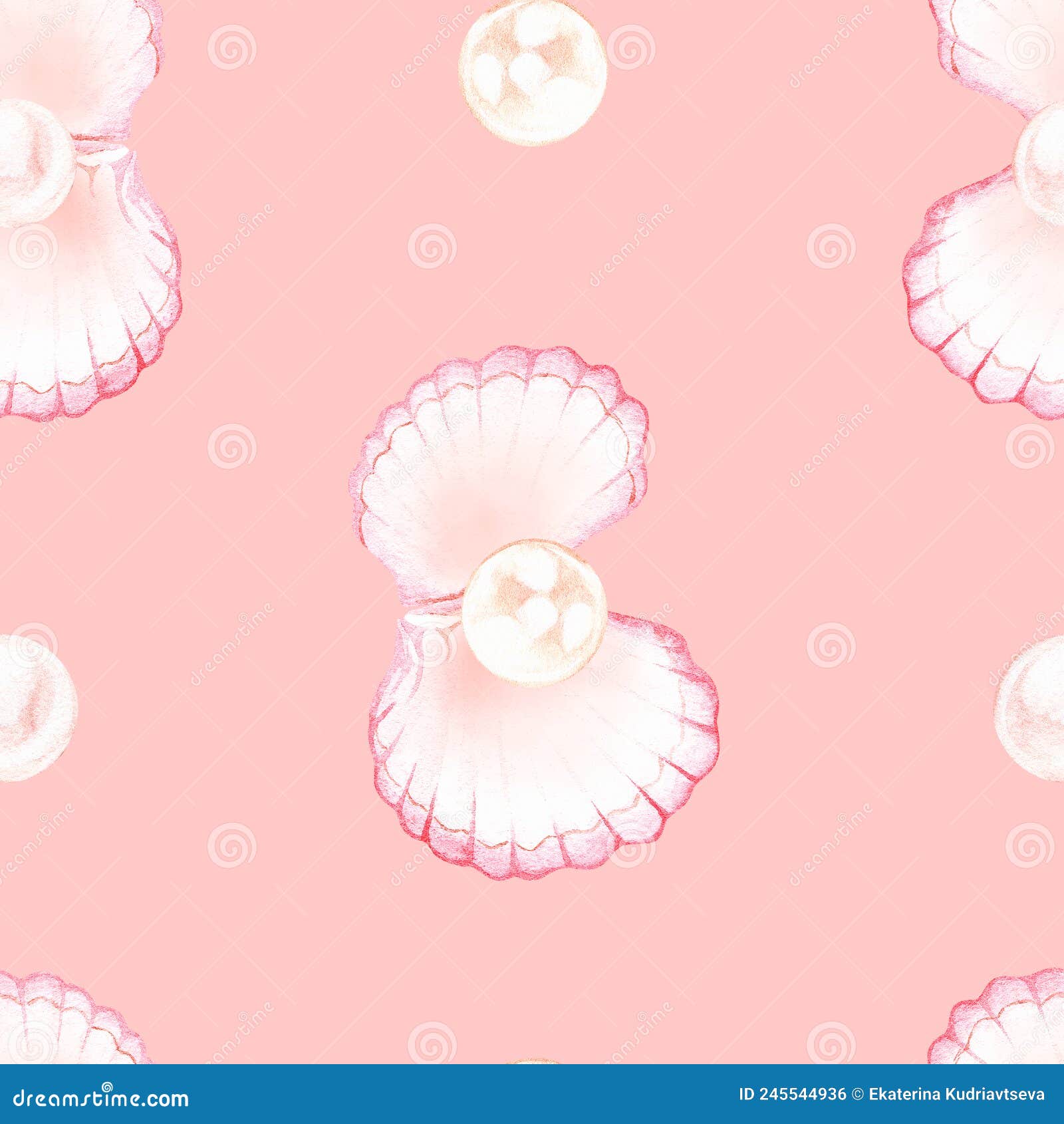 Shell with Pearls. Seamless Pattern. Watercolor Illustration. Isolated ...