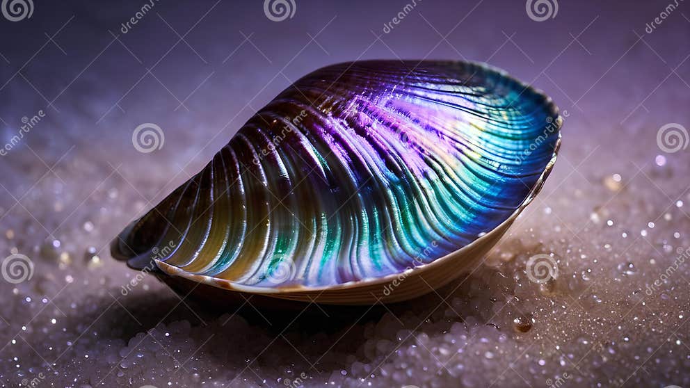 A Shell with a Rainbow Pattern on it. the Shell is on a Sandy Beach ...