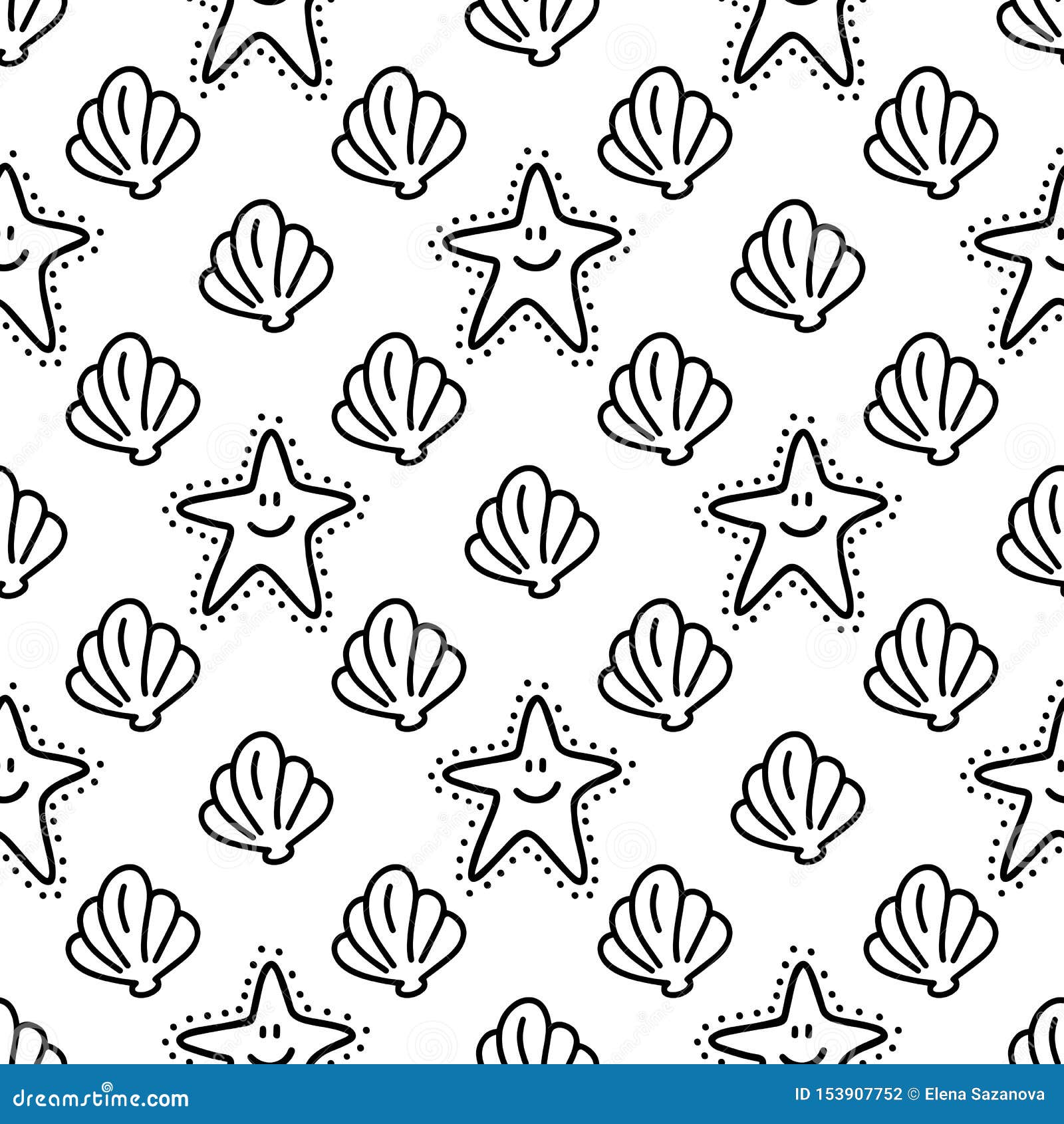 Shell and Sea Star Doodle Hand Drawn Seamless Pattern Stock Vector ...