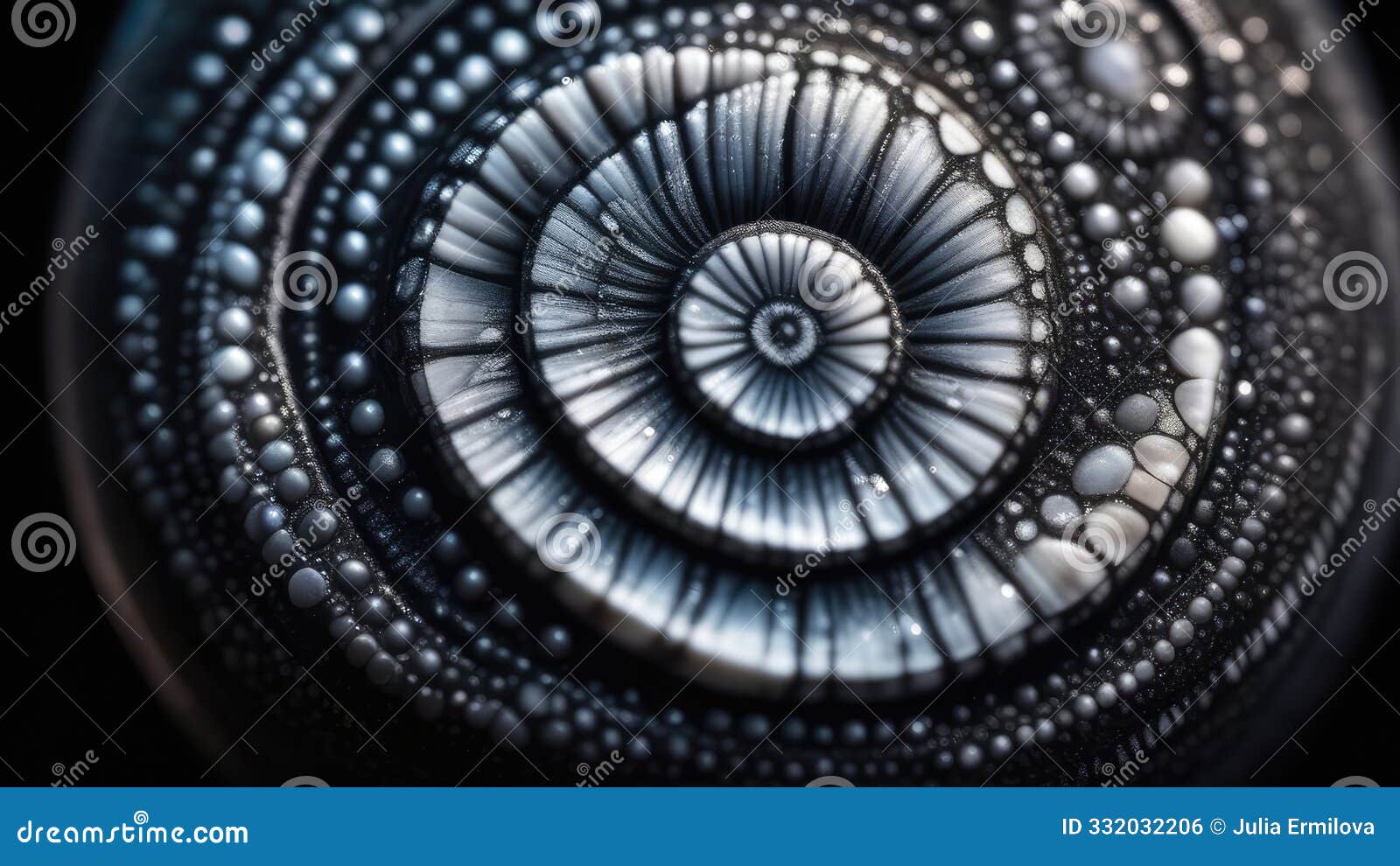 Shell With Spiral Pattern On Black Background. Chambered Nautilus ... Shell With Spiral Pattern On Black Background. Chambered Nautilus ...