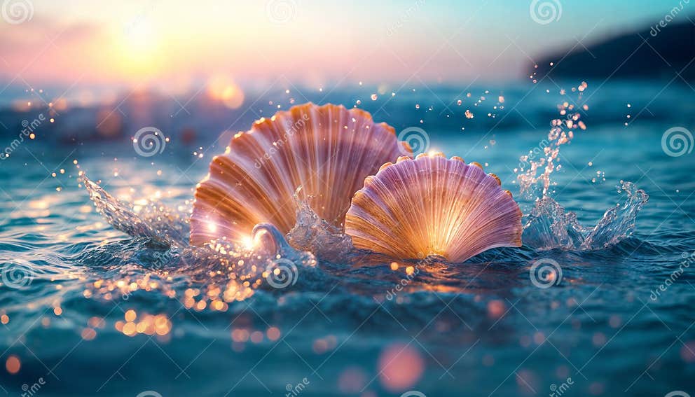 Shell in the Splashes of Sea Waves. a Pair of Beautiful Shells in the ...
