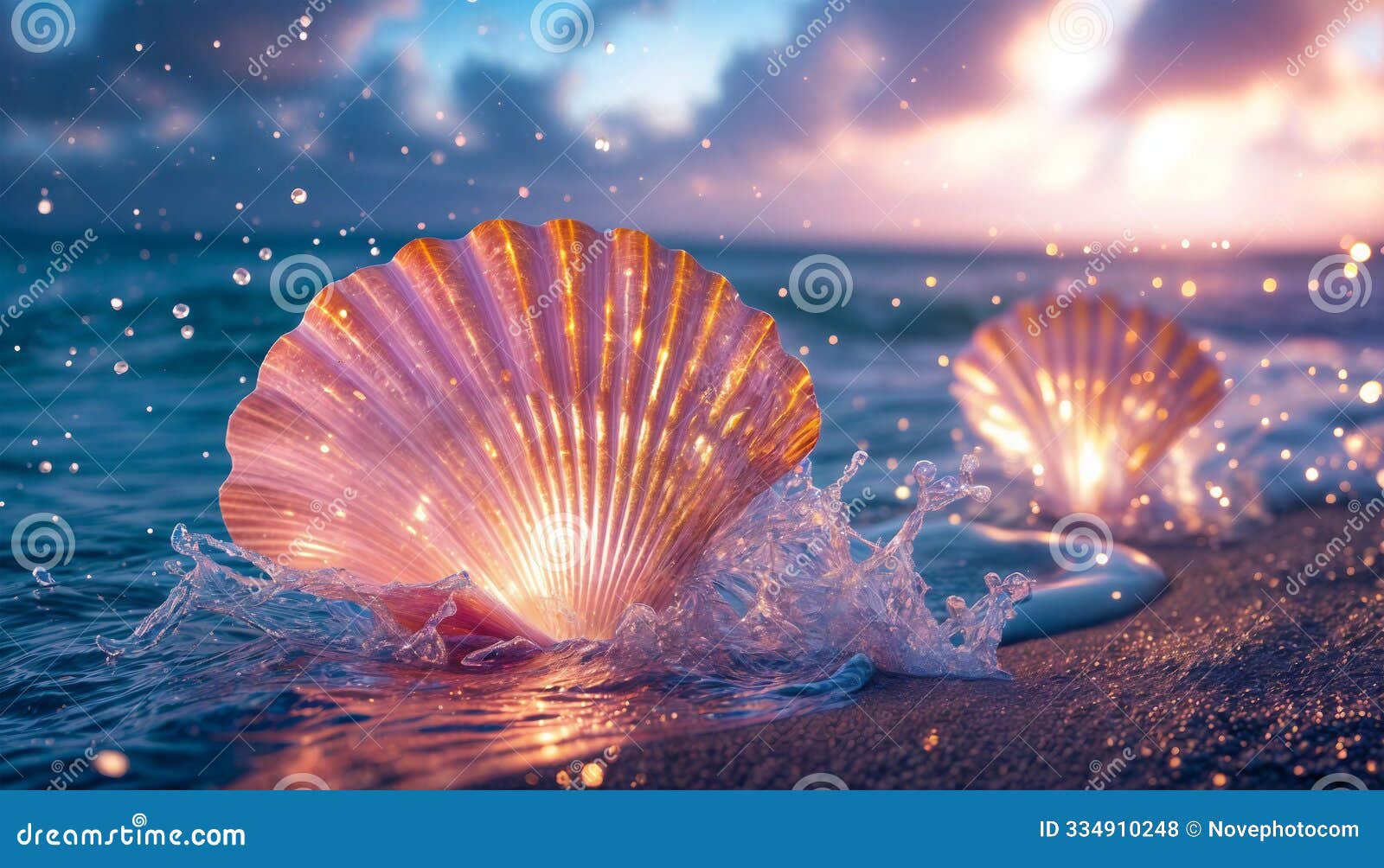 Shell in the Splashes of Sea Waves. a Pair of Beautiful Shells in the ...