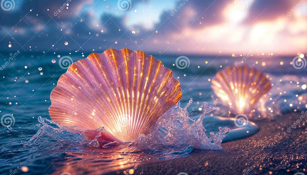 Shell in the Splashes of Sea Waves. a Pair of Beautiful Shells in the ...