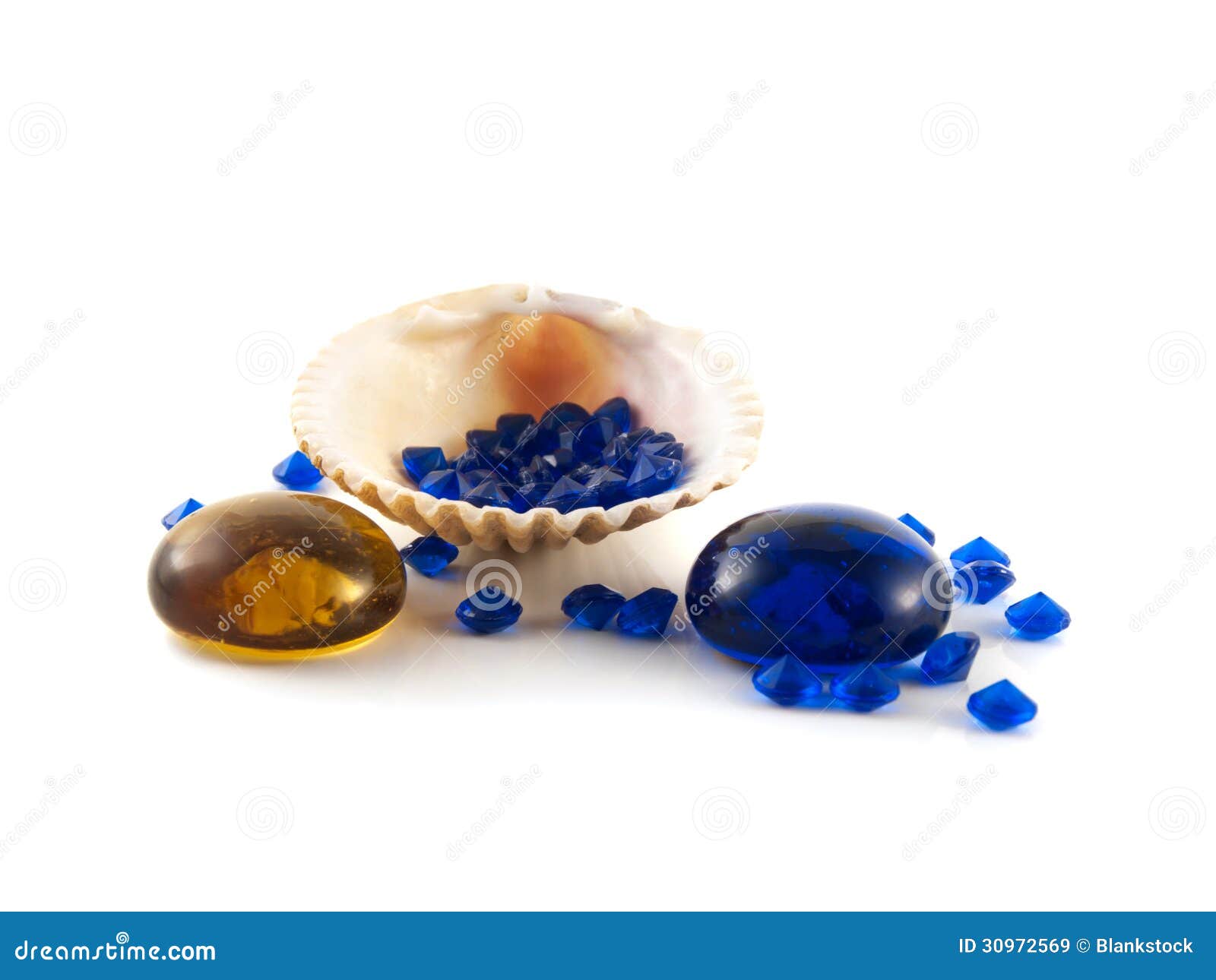 Shell on White Background with Blue Crystals Stock Image - Image of ...
