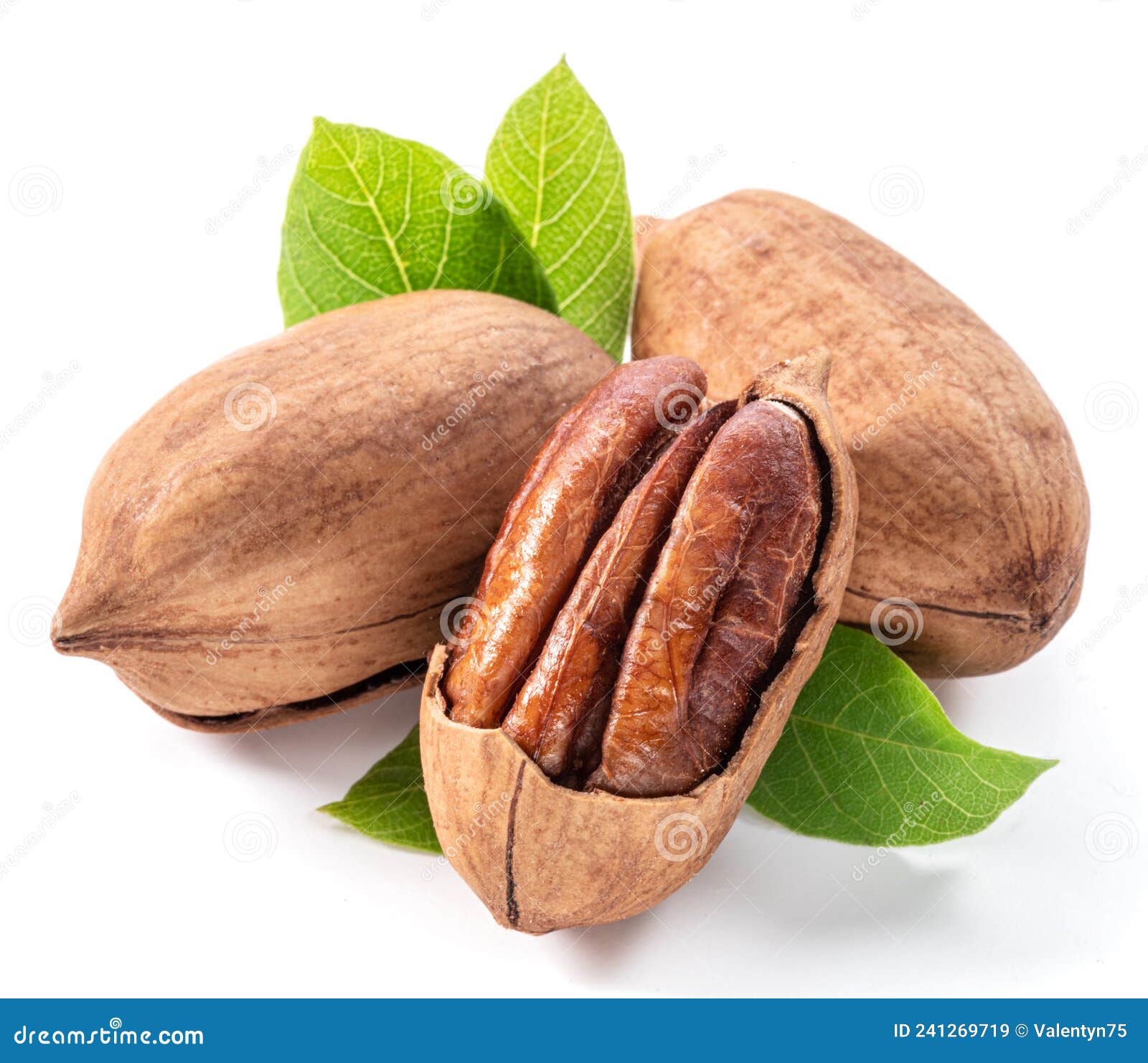 Shelled and Cracked Pecan Nuts with Leaves Close-up on White Background ...