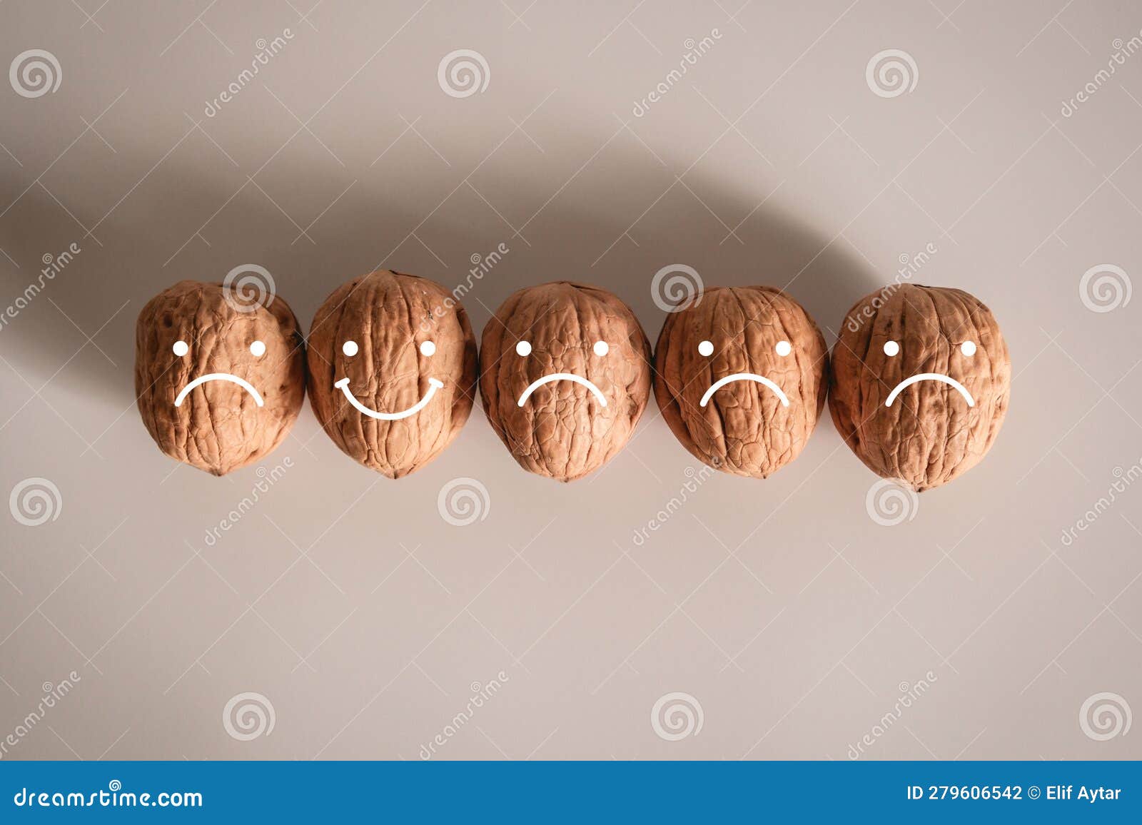 Shelled Walnuts with Stylized Faces of Smiling and Grumpy Faces on it ...
