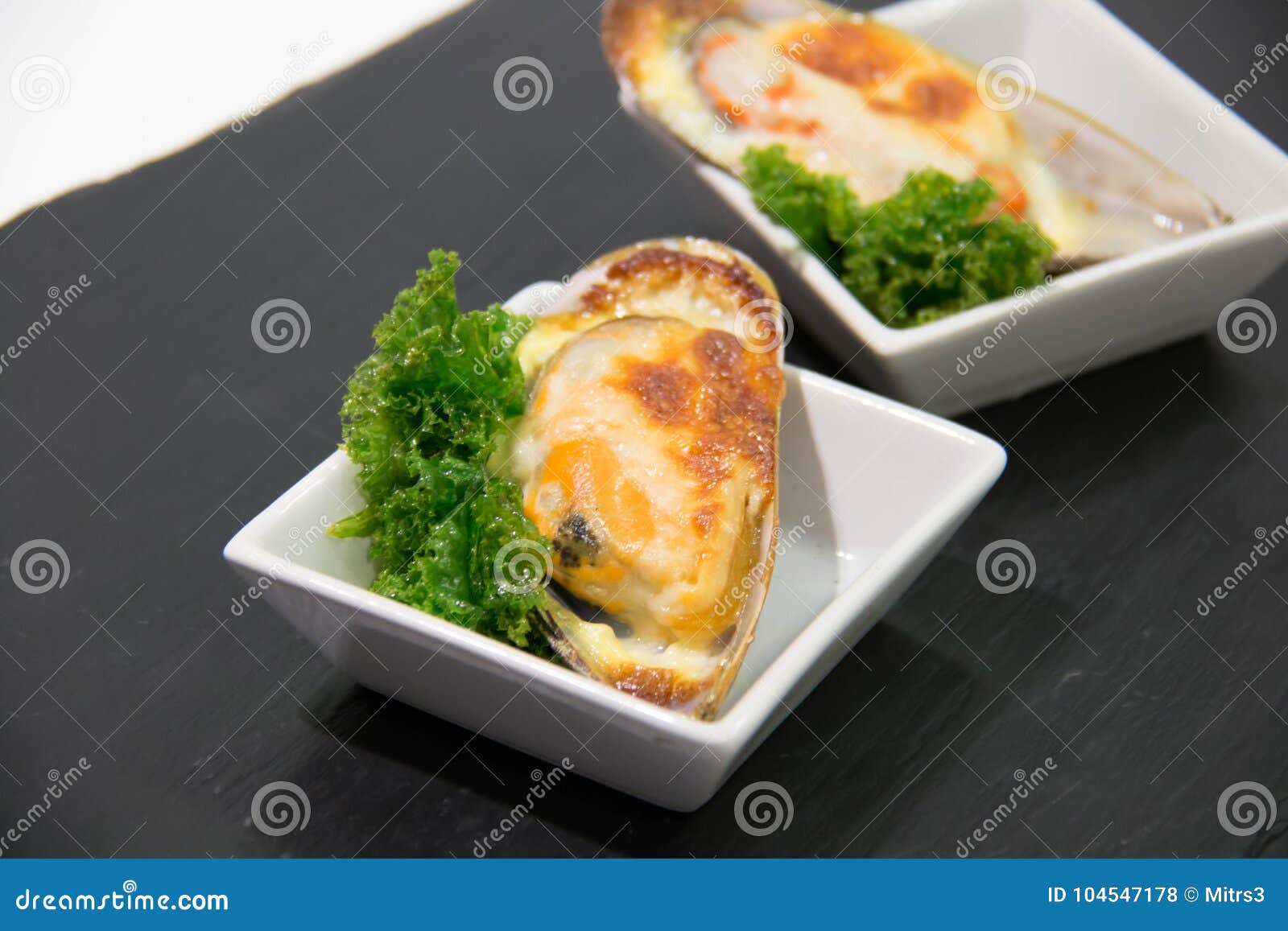 Shellfish Mussels Baked with Cheese in Shells Served Stock Photo ...
