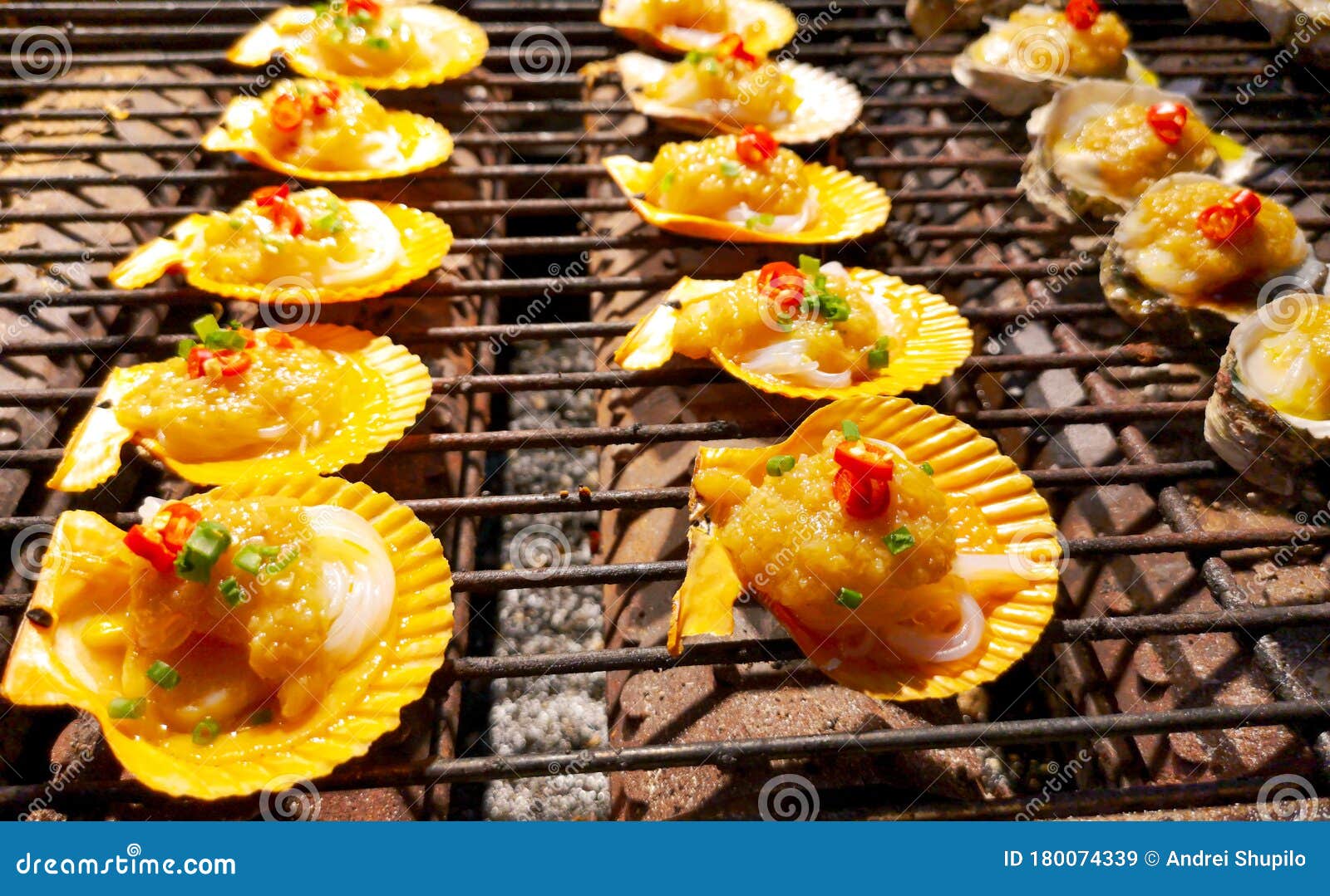 Shellfish in the Shells is Fried on a Barbecue Stock Image - Image of ...