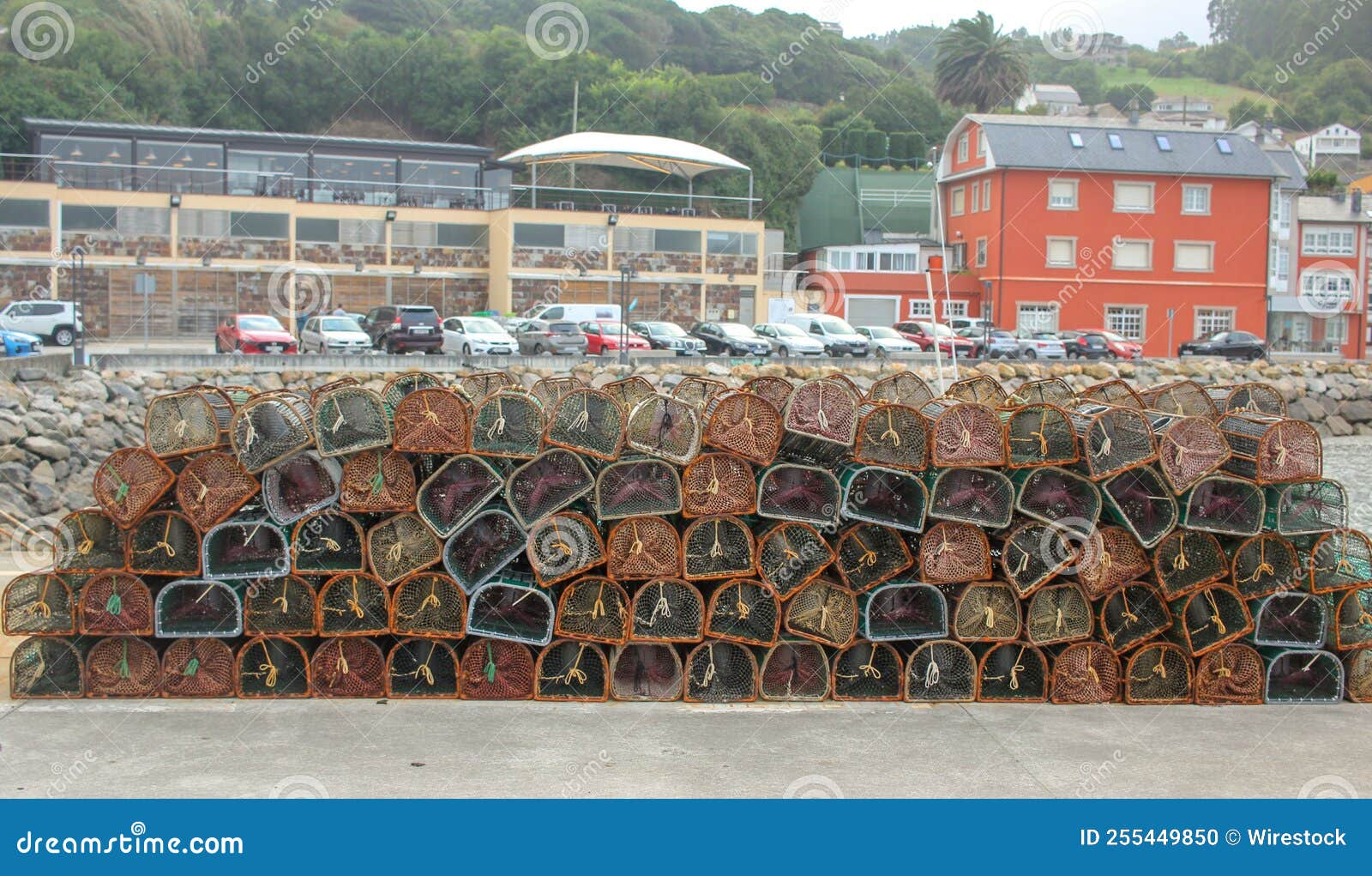 Shellfish Traps Stacked in the Harbor of O Barqueiro, Spain Stock Photo ...