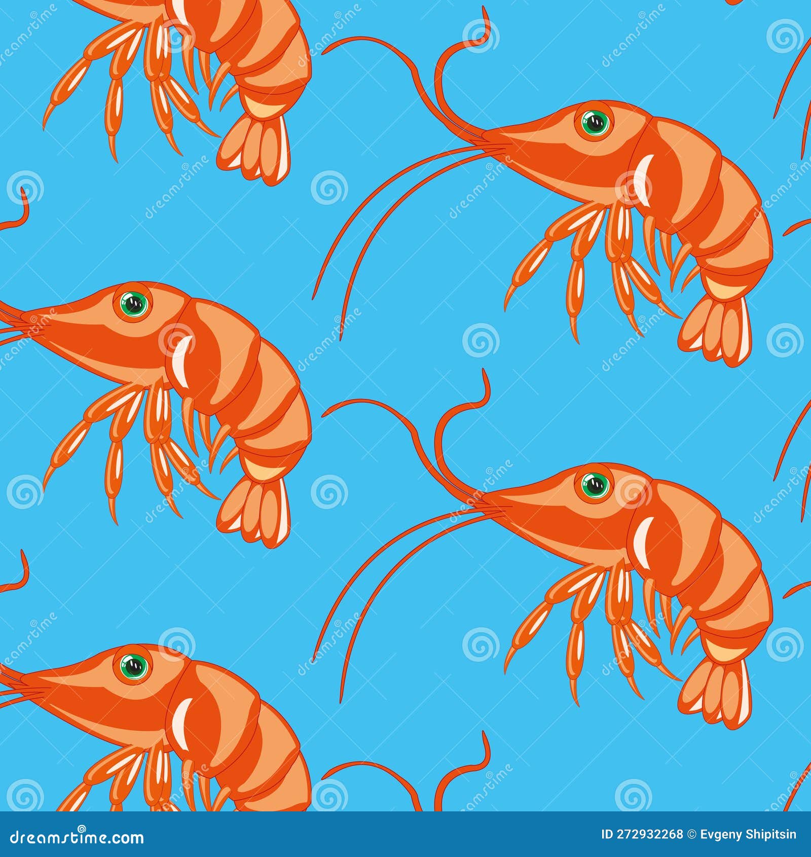 Shellfishes Prawn Seamless Pattern on Turn Blue Background Stock Vector ...