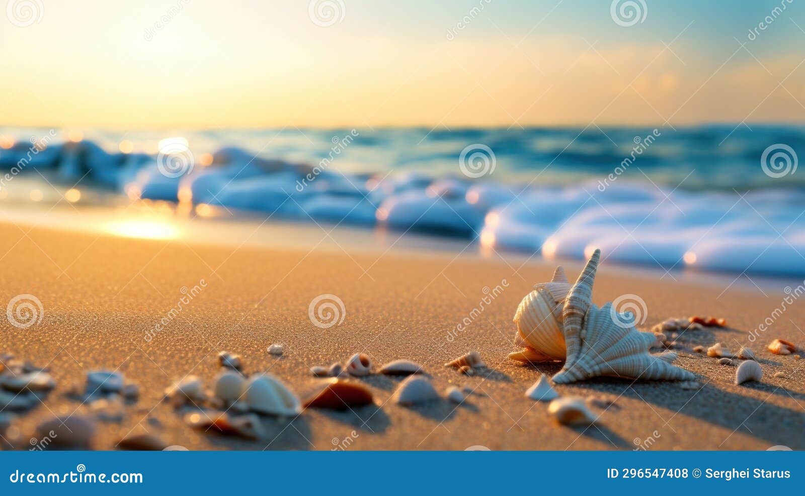 Shells on the Beach at Sunset, AI Stock Photo - Image of blue, yellow ...