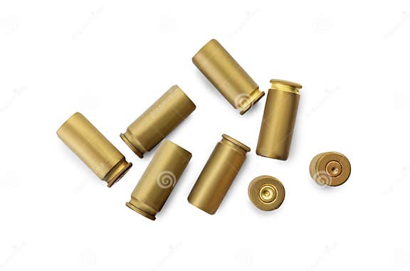 Shells of Bullets on White Background, Top View Stock Photo - Image of ...