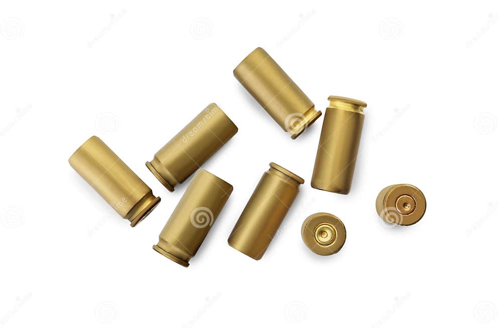 Shells of Bullets on White Background, Top View Stock Photo - Image of ...