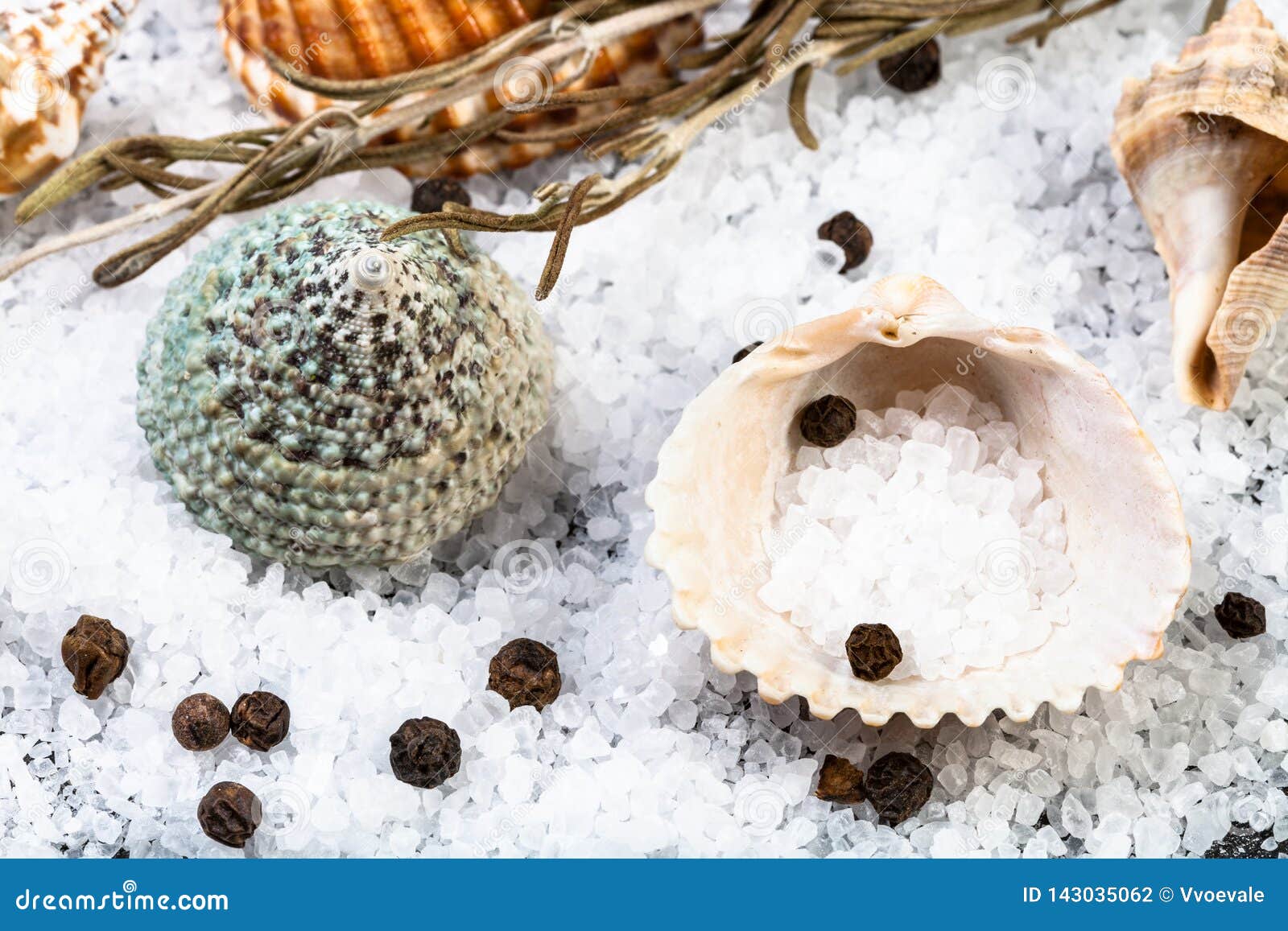 Shells, Coarse Grained Sea Salt and Peppercorns Stock Photo - Image of ...