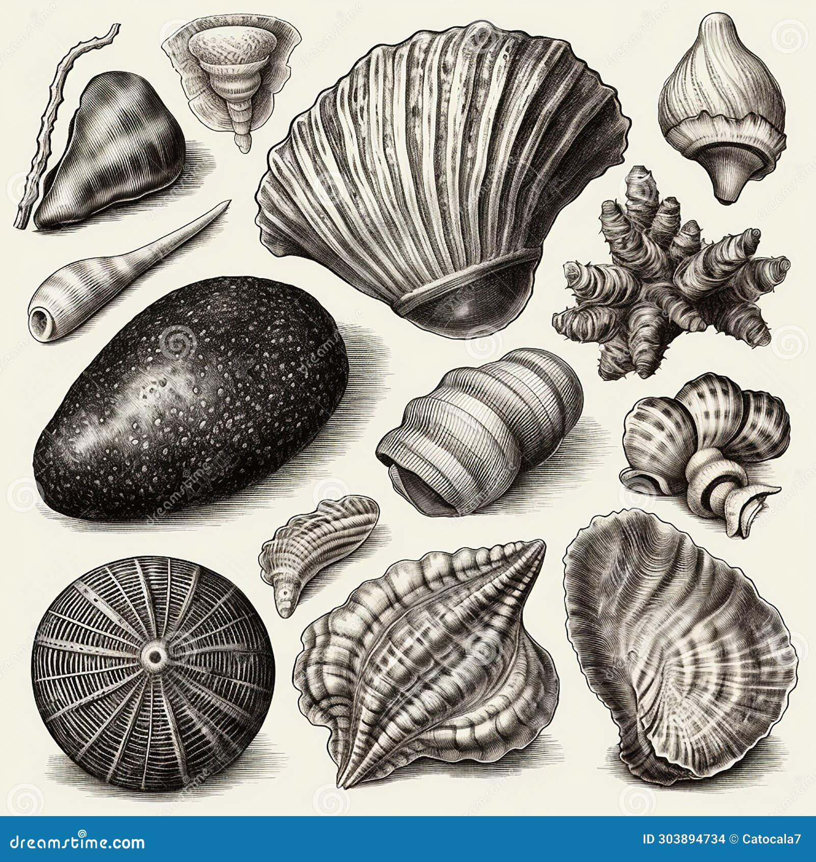 Shells of Different Shapes and Types, Black and White Drawing, Vintage ...