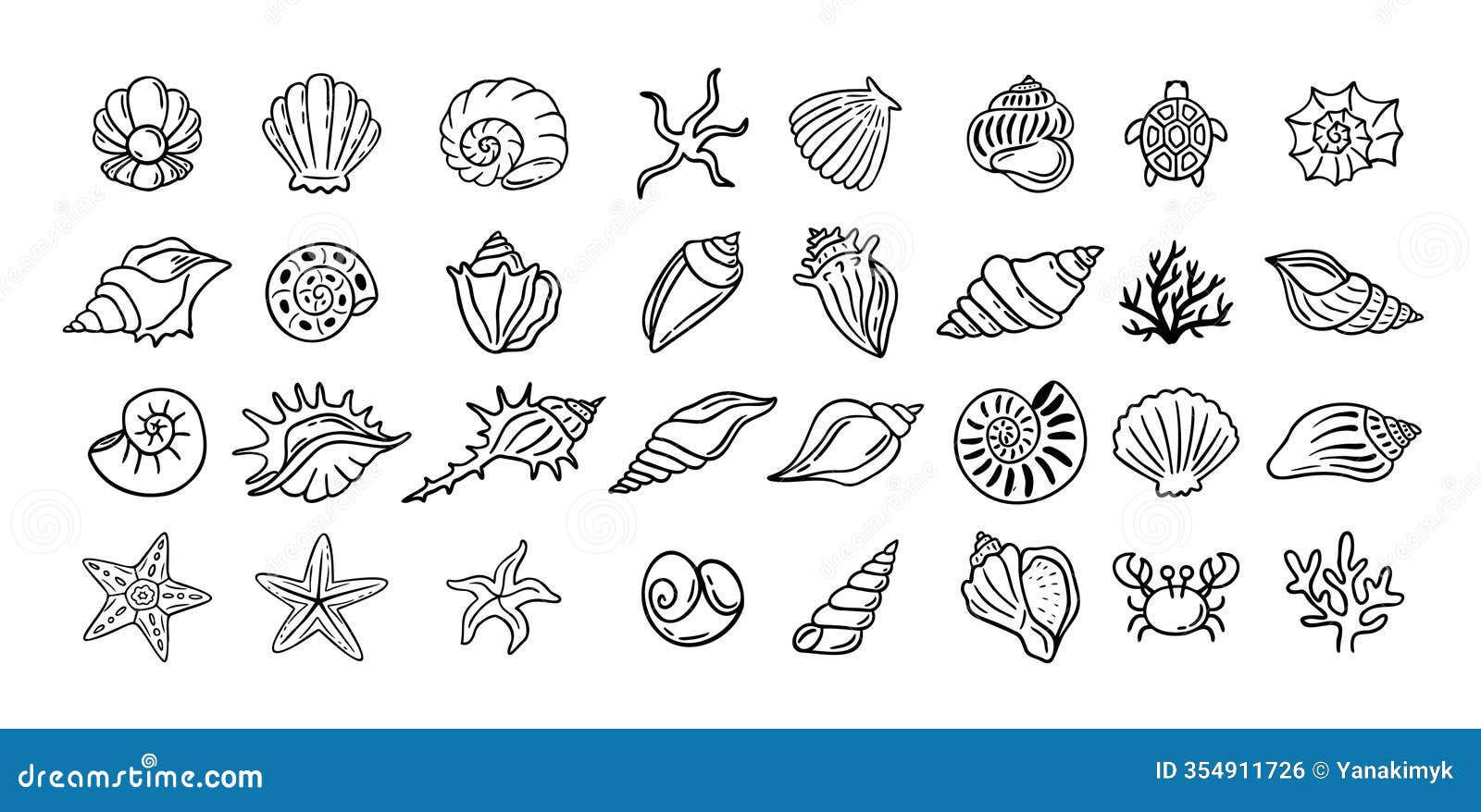 Shells Doodle Hand Drawn Style Set. Outline Seashells, Starfish Black ...