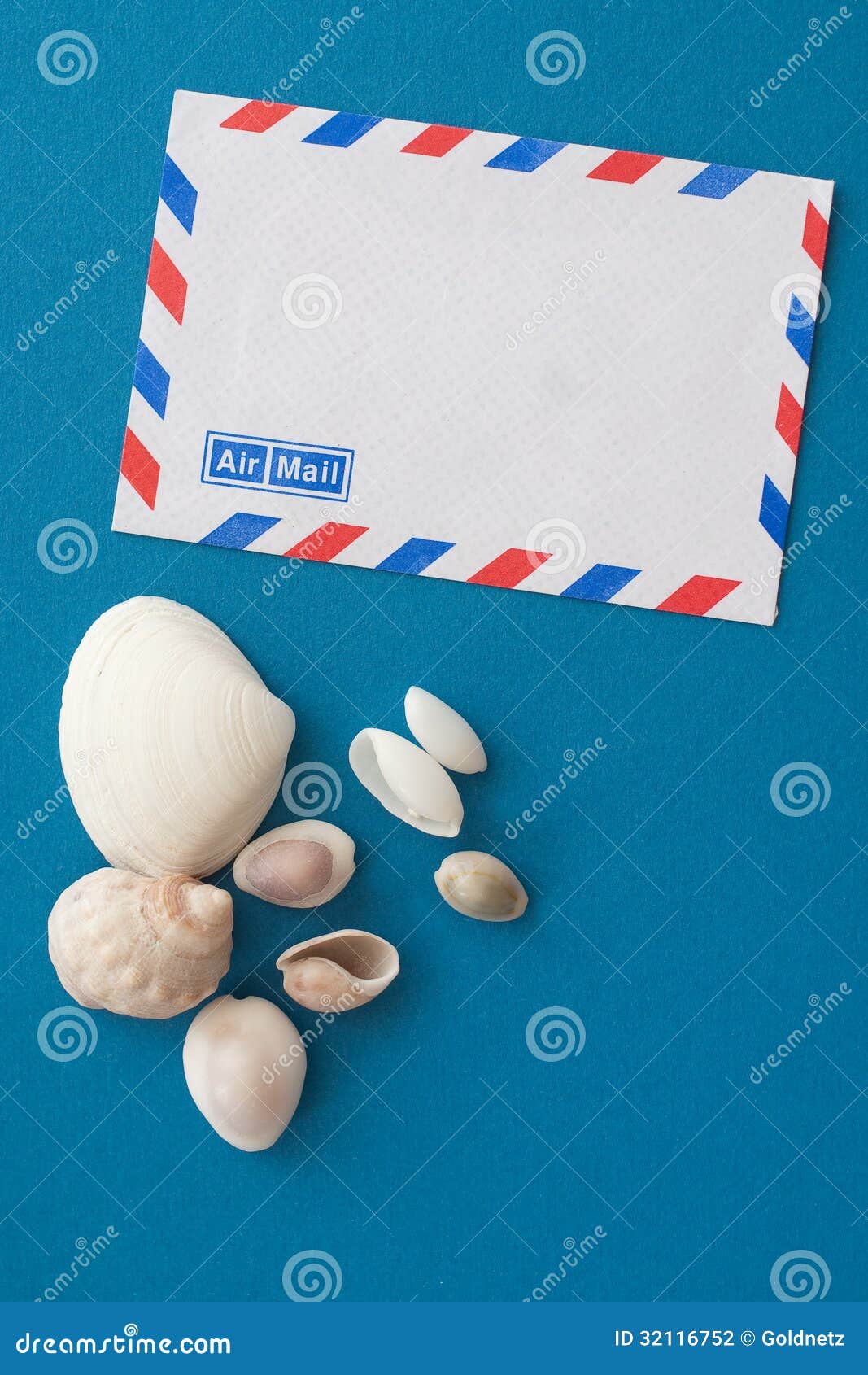 Shells and Envelope on Blue Stock Photo - Image of seashell, mail: 32116752