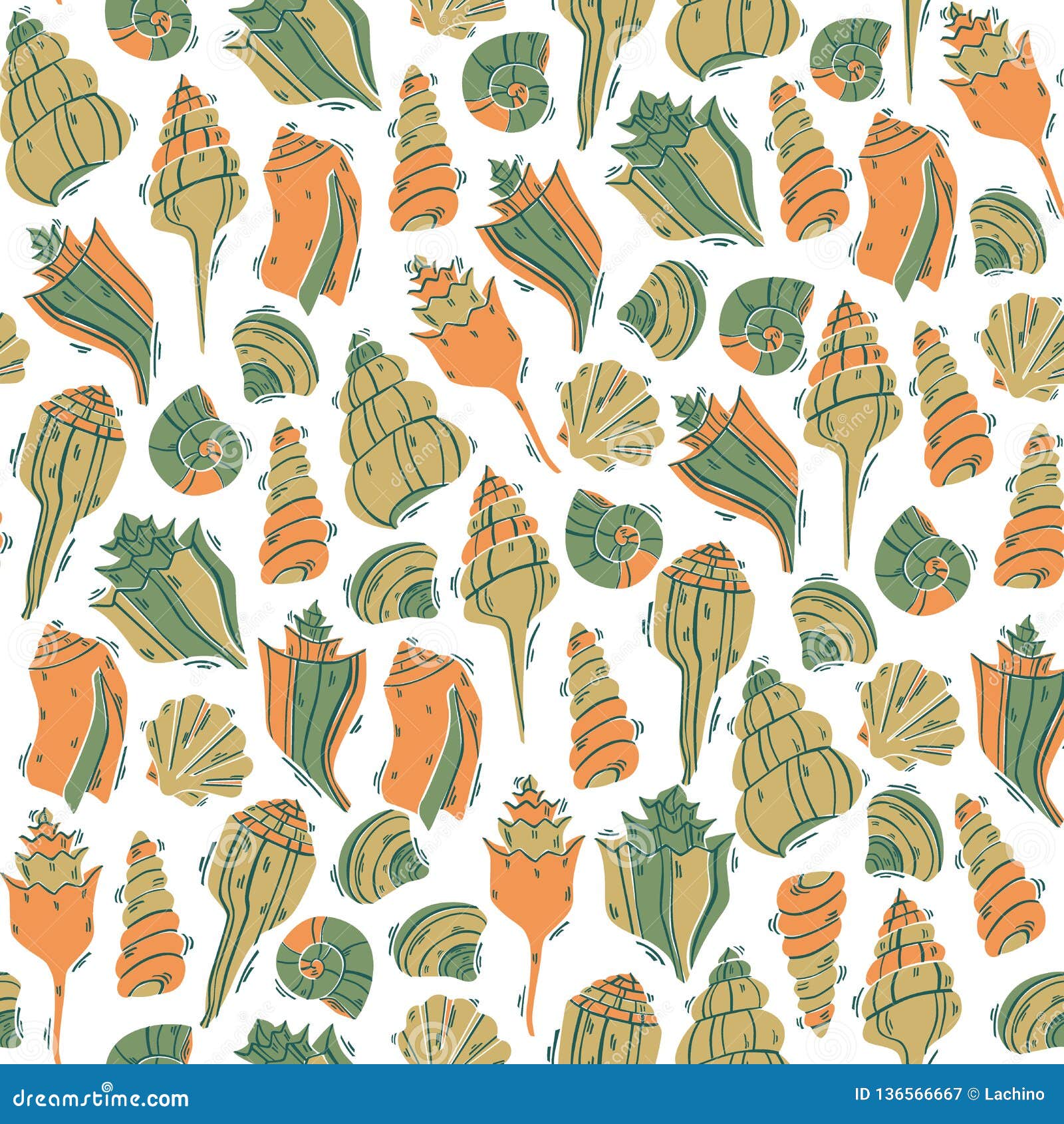 Shells Illustration Seamless Pattern in Doodle Style. Stock Vector ...