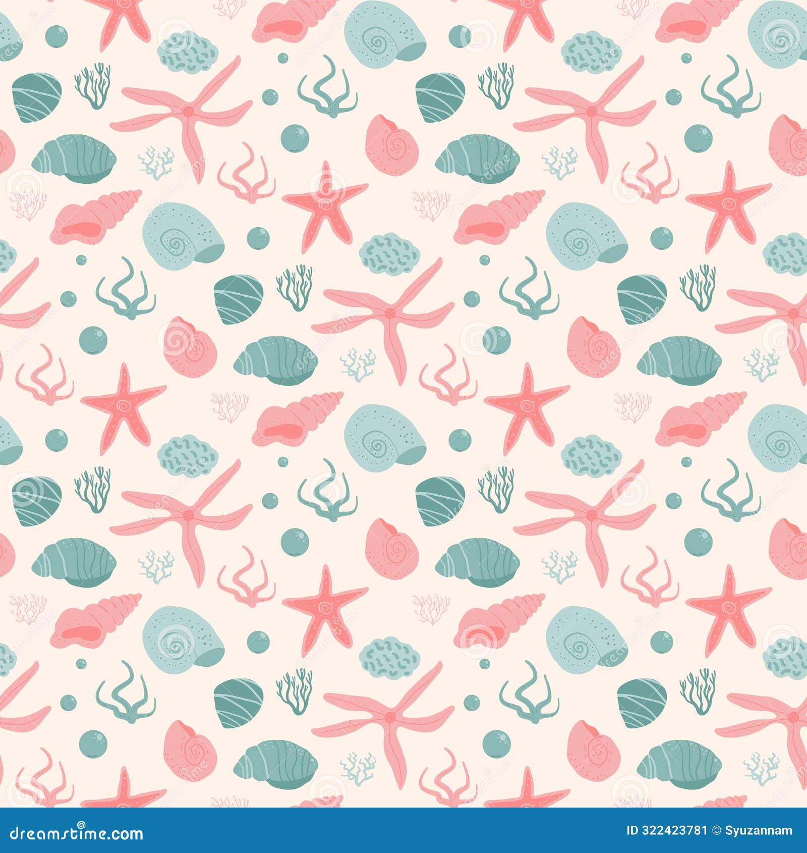 Shells and Starfish Seamless Pattern. Barnacles and Seaweed Endless Background. Seashell and ...