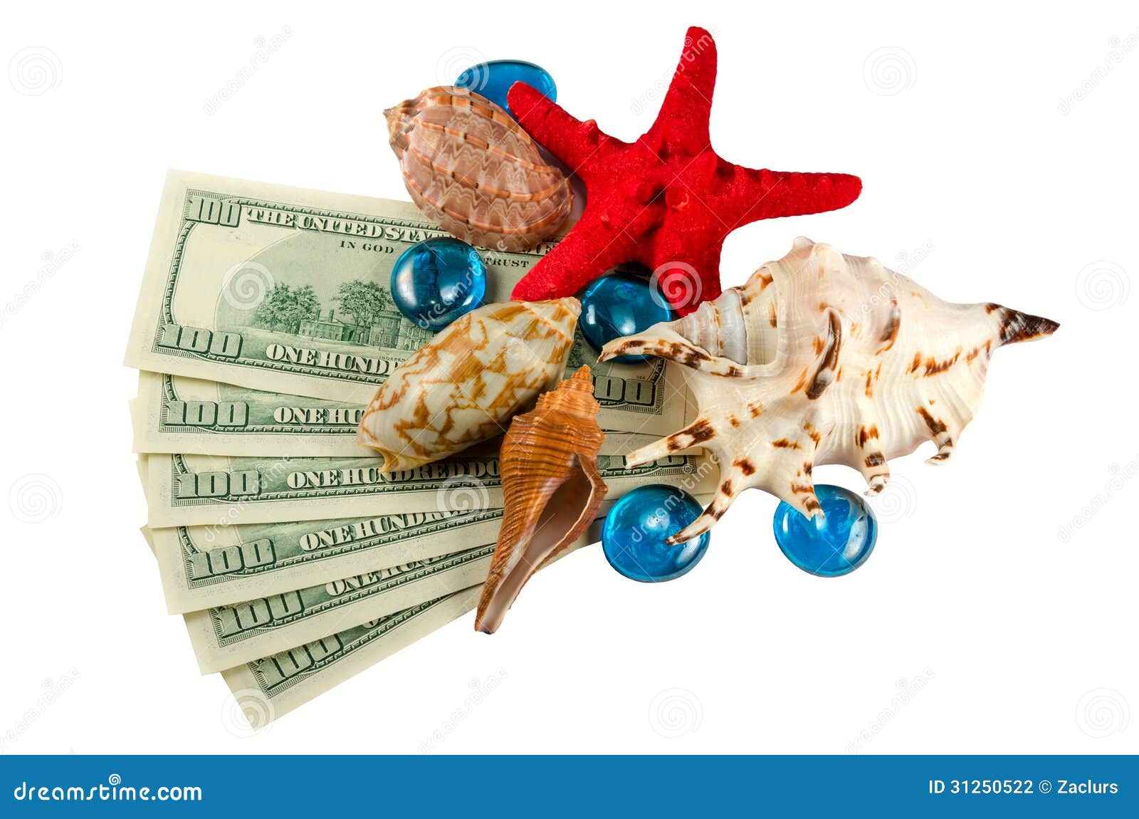 Shells Starfish and Water Drops on Money Isolated Stock Photo - Image ...