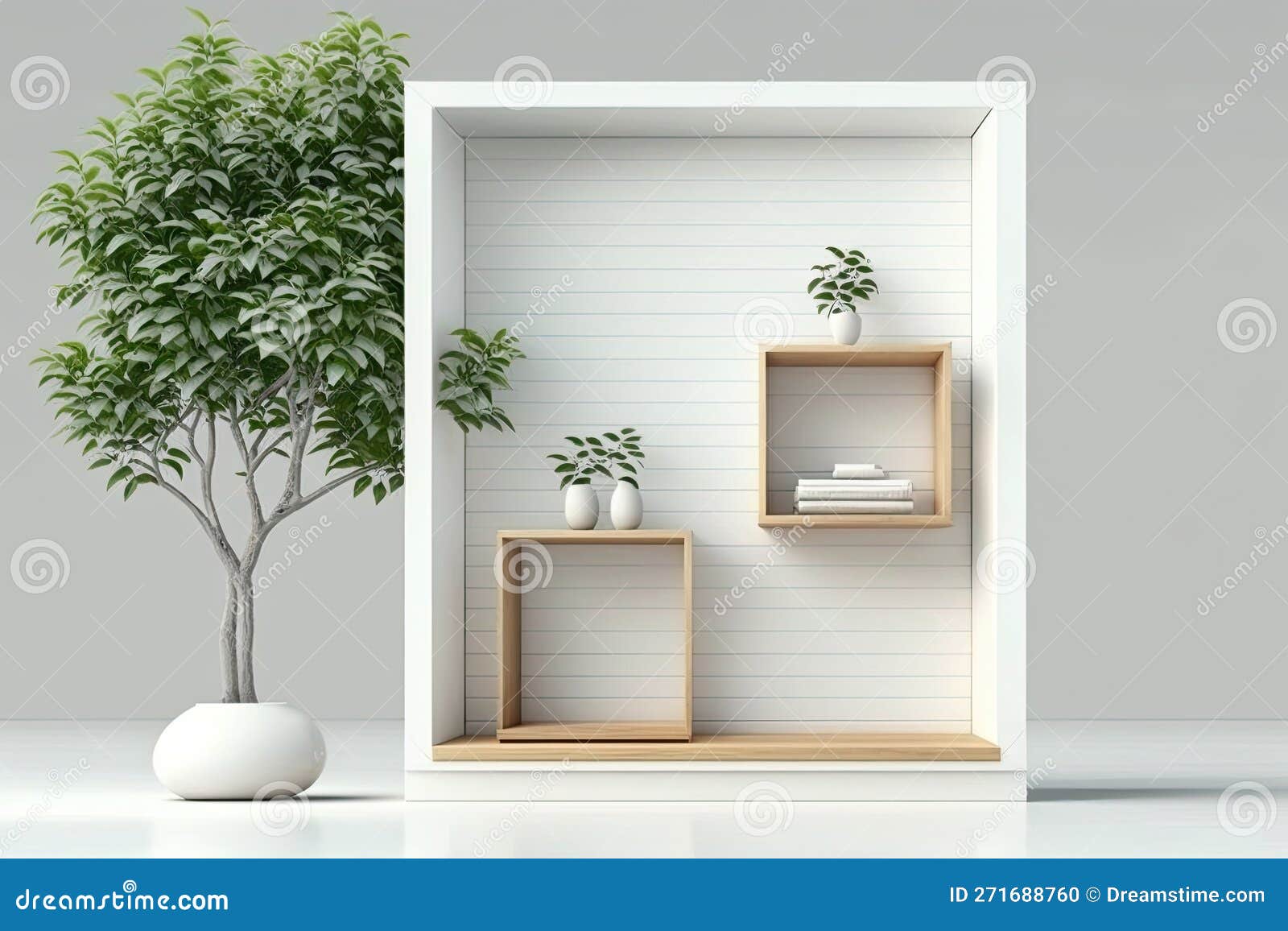 Shelves for Display on White Wall Outdoor with Small Tree Mock Up ...