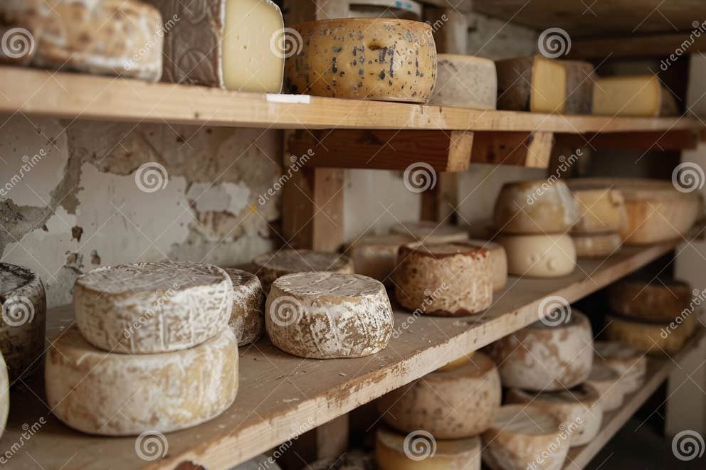 Aging Cheeses on Wooden Shelves in a Rustic Cellar, Showcasing Various ...