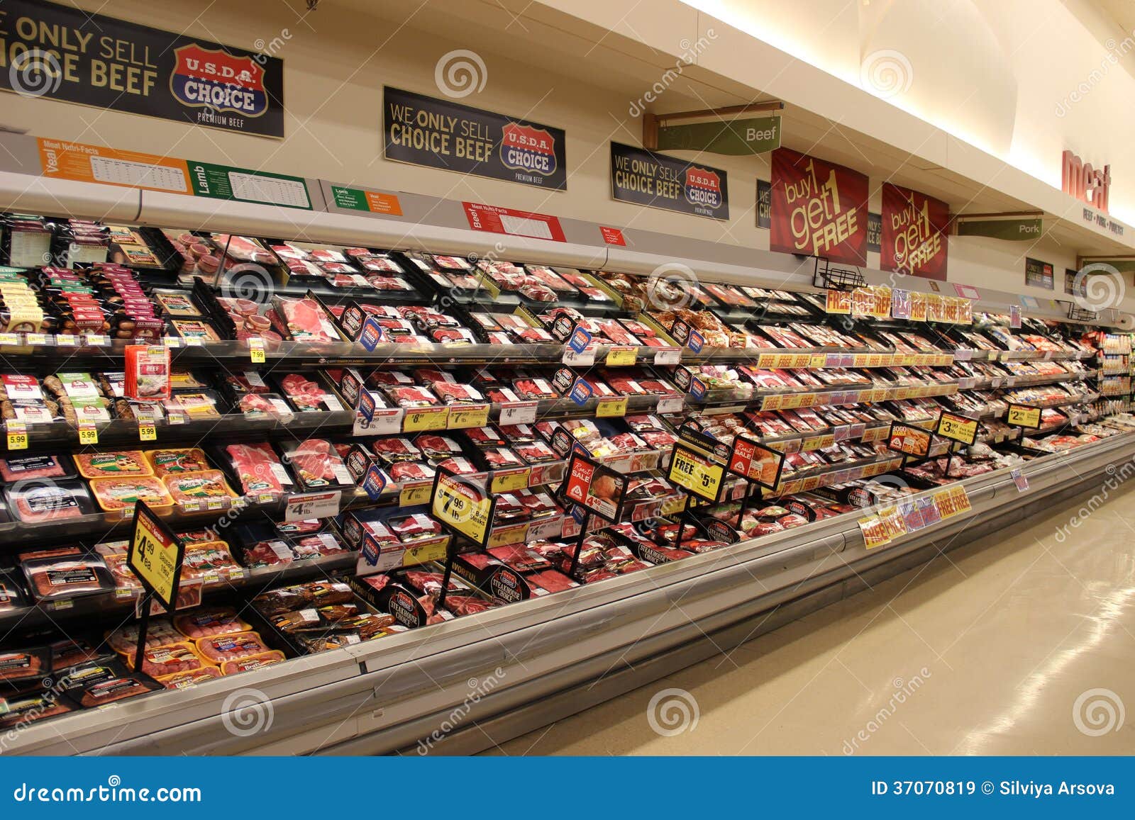 Shelves with meat editorial stock image. Image of purchase - 37070819