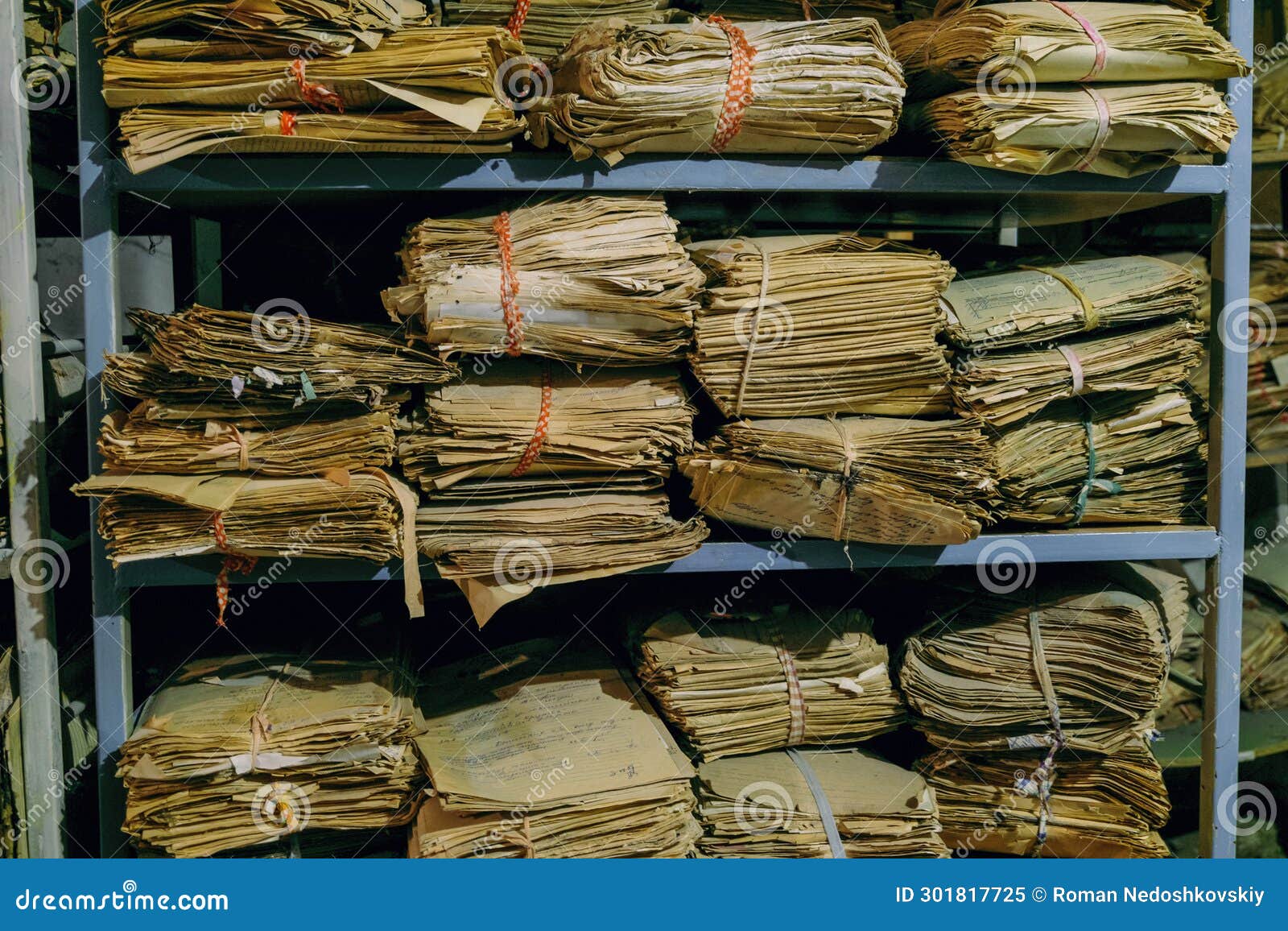 Shelves with Old Archival Paper Documents on Rack in Piles Stock Image ...