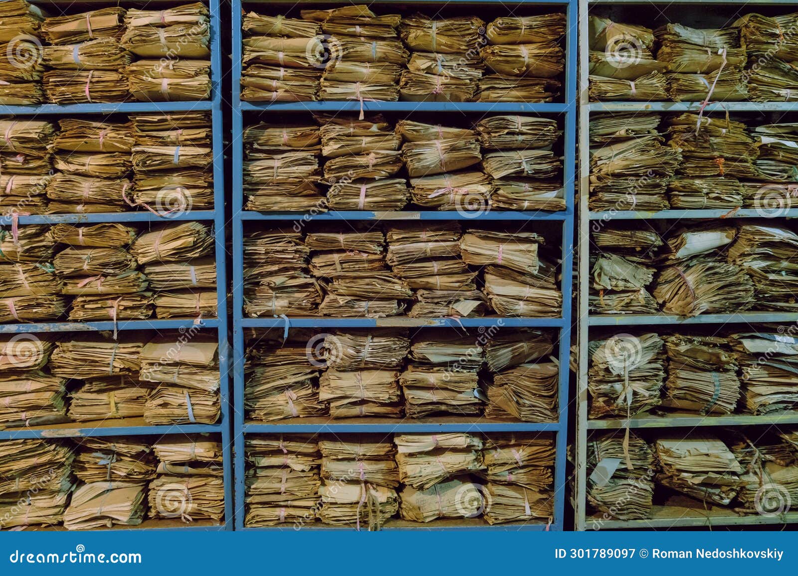 Shelves with Old Archival Paper Documents on Racks in Piles Stock Image ...
