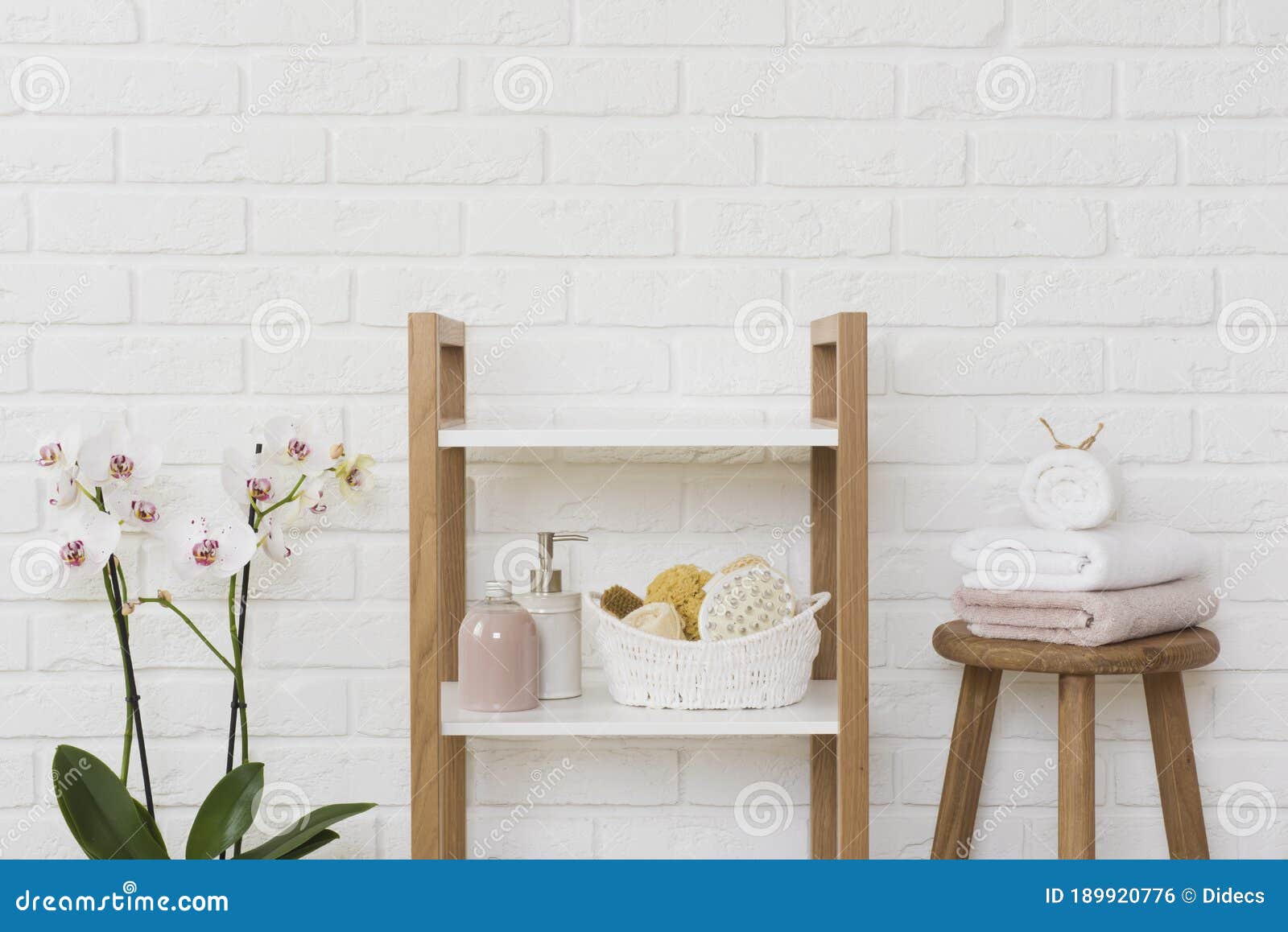 Shelving Unit with Spa Products and Copy Space in Center Stock Photo ...