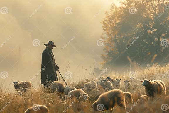 A Shepherd Caring For Sheep At Sunset In A Peaceful Rural Setting Surrounded By Nature Aig58