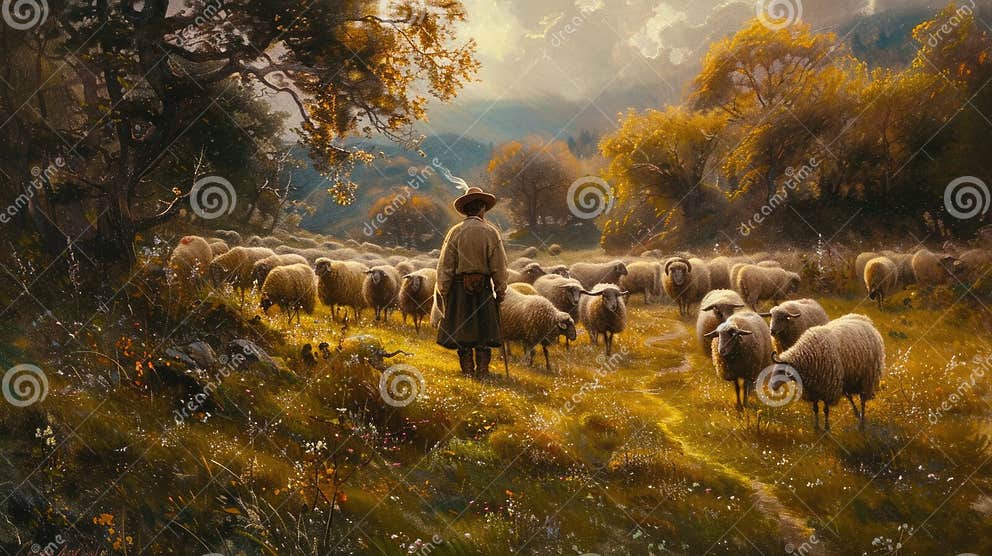 A Shepherd Caring For Sheep At Sunset In A Peaceful Rural Setting Surrounded By Nature Aig58