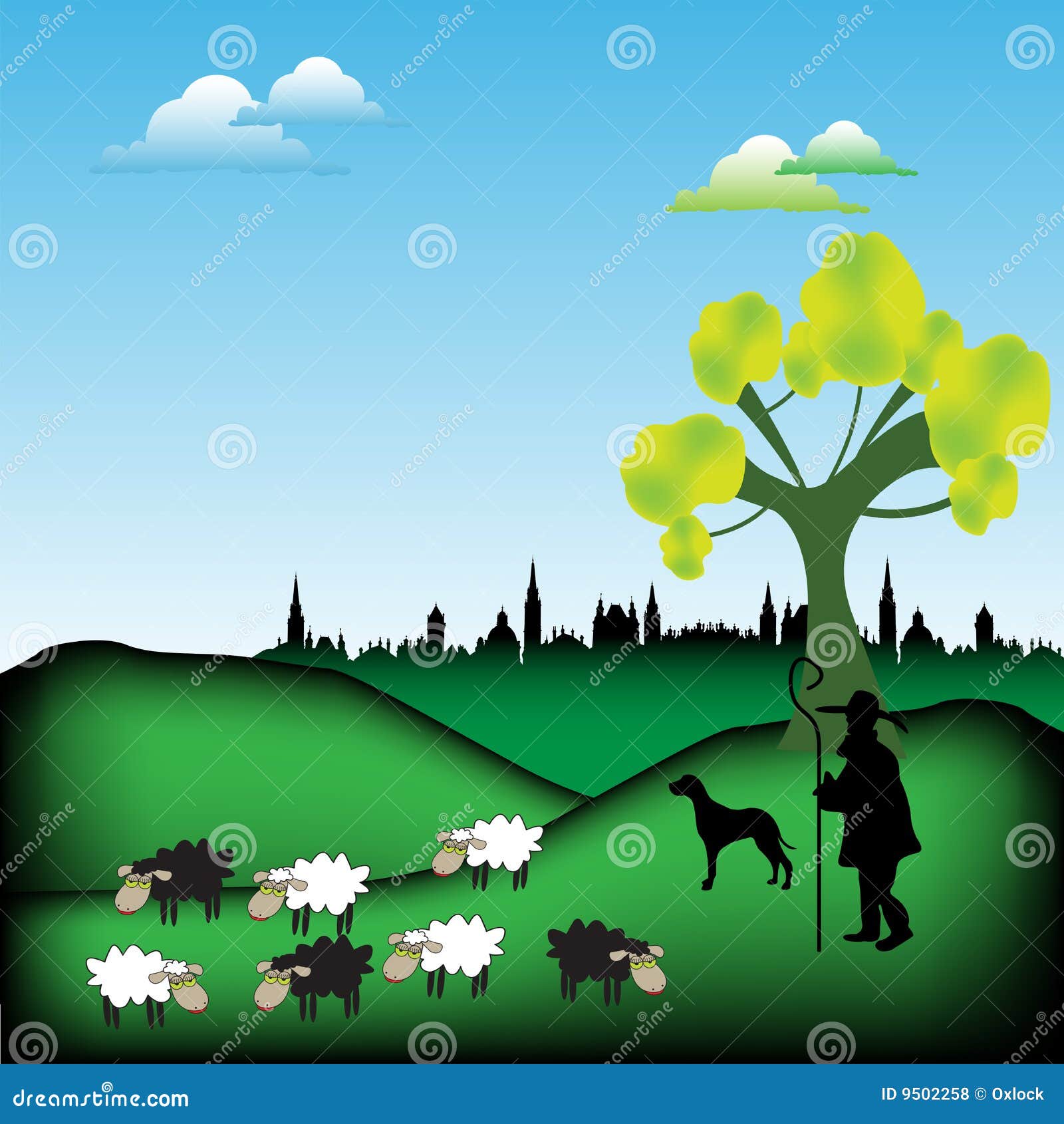 Shepherd with his flock stock vector. Illustration of canine - 9502258