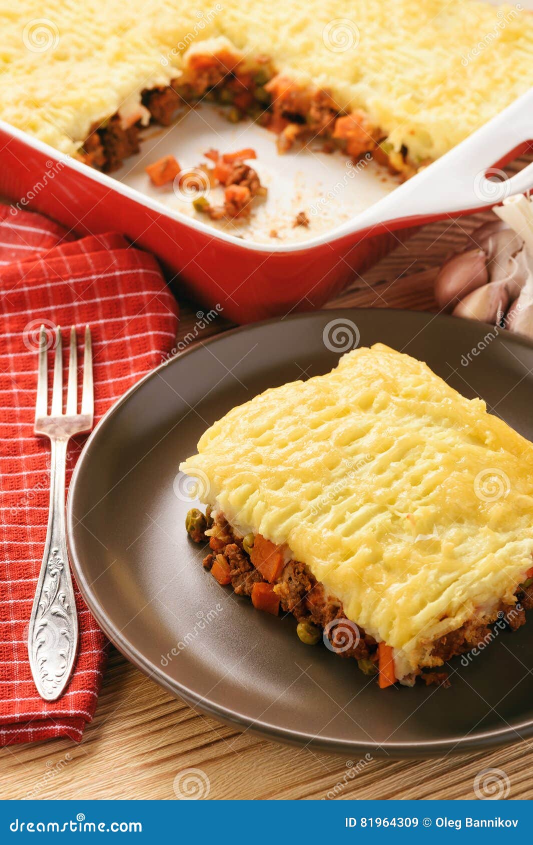 Shepherd Pie Portion on Plate on Wooden Table. Stock Image - Image of ...