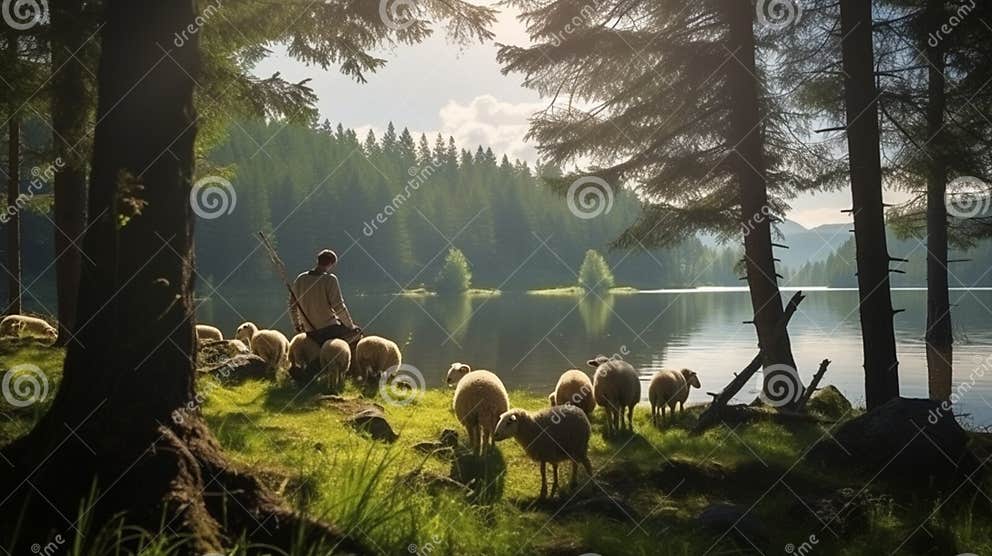 The Shepherd with Sheep in the Deep Forest on the Grass beside a Lake ...
