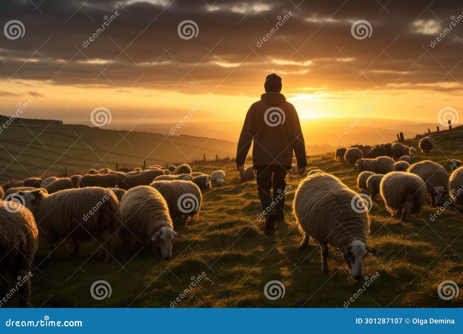 Shepherd Walking with His Flock of Sheep at Sunset, Golden Light ...