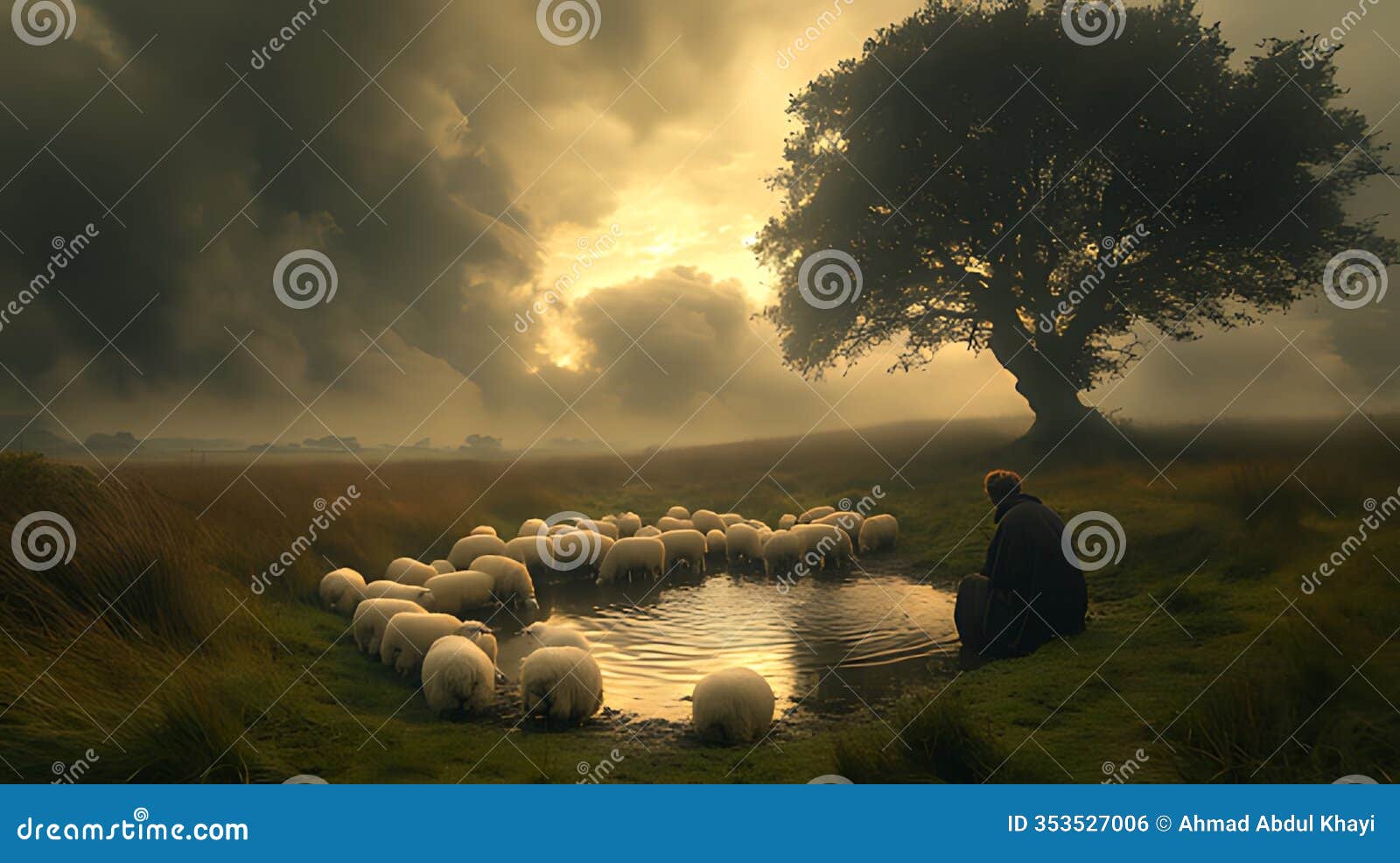 Shepherd Watching Flock of Sheep Drinking Water at Sunrise in a Misty ...
