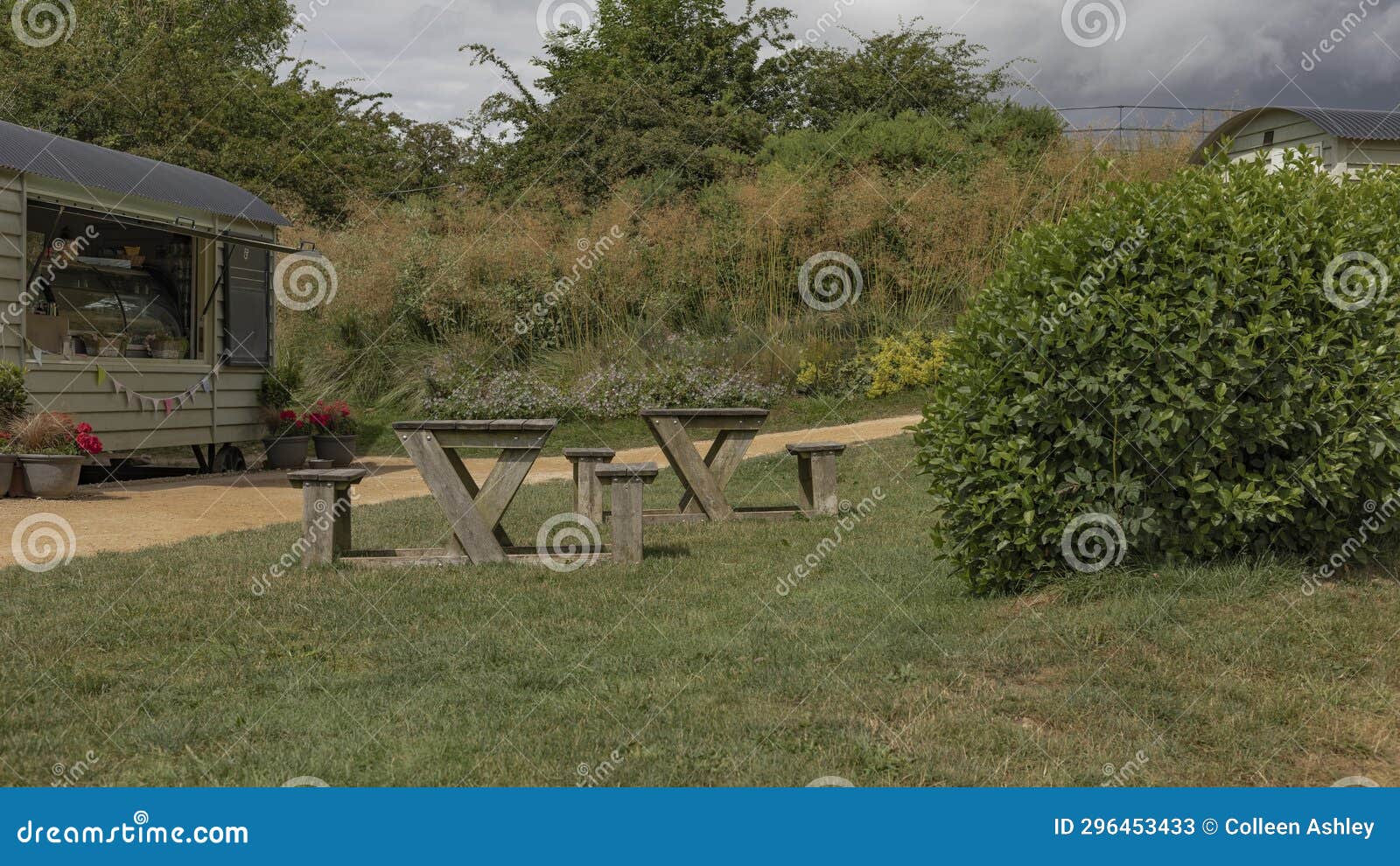 Shepherds Hut Cafe with Benches Outside Stock Image - Image of wagon ...