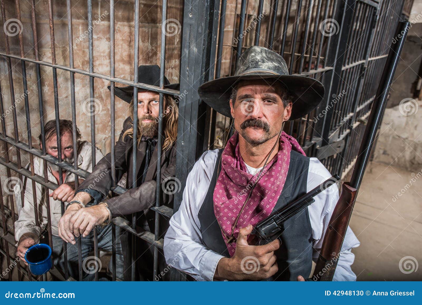 Sheriff Poses with Prisoners Stock Photo - Image of caucasian, bars ...