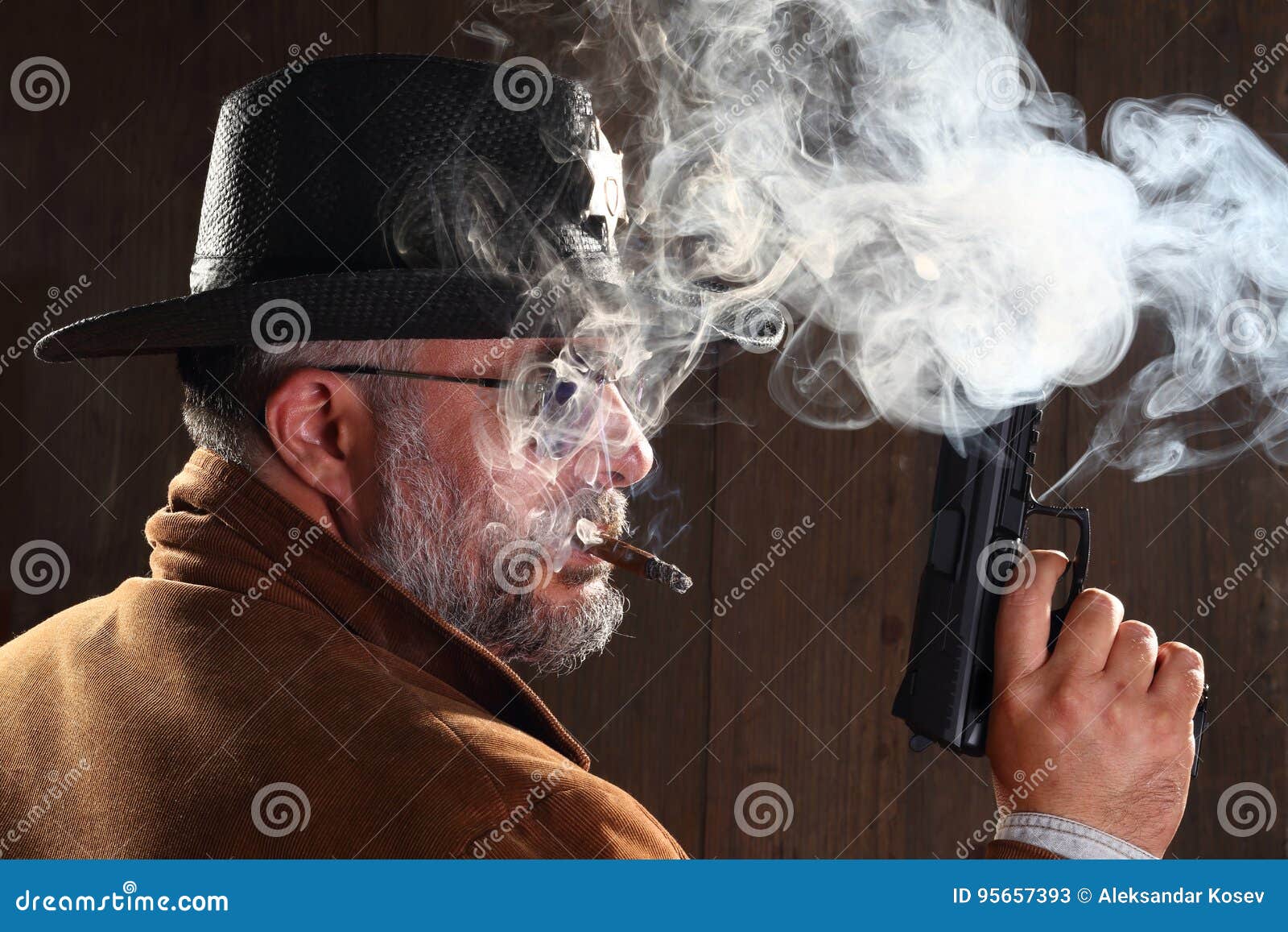 Sheriff smoking a cigar stock image. Image of criminal - 95657393