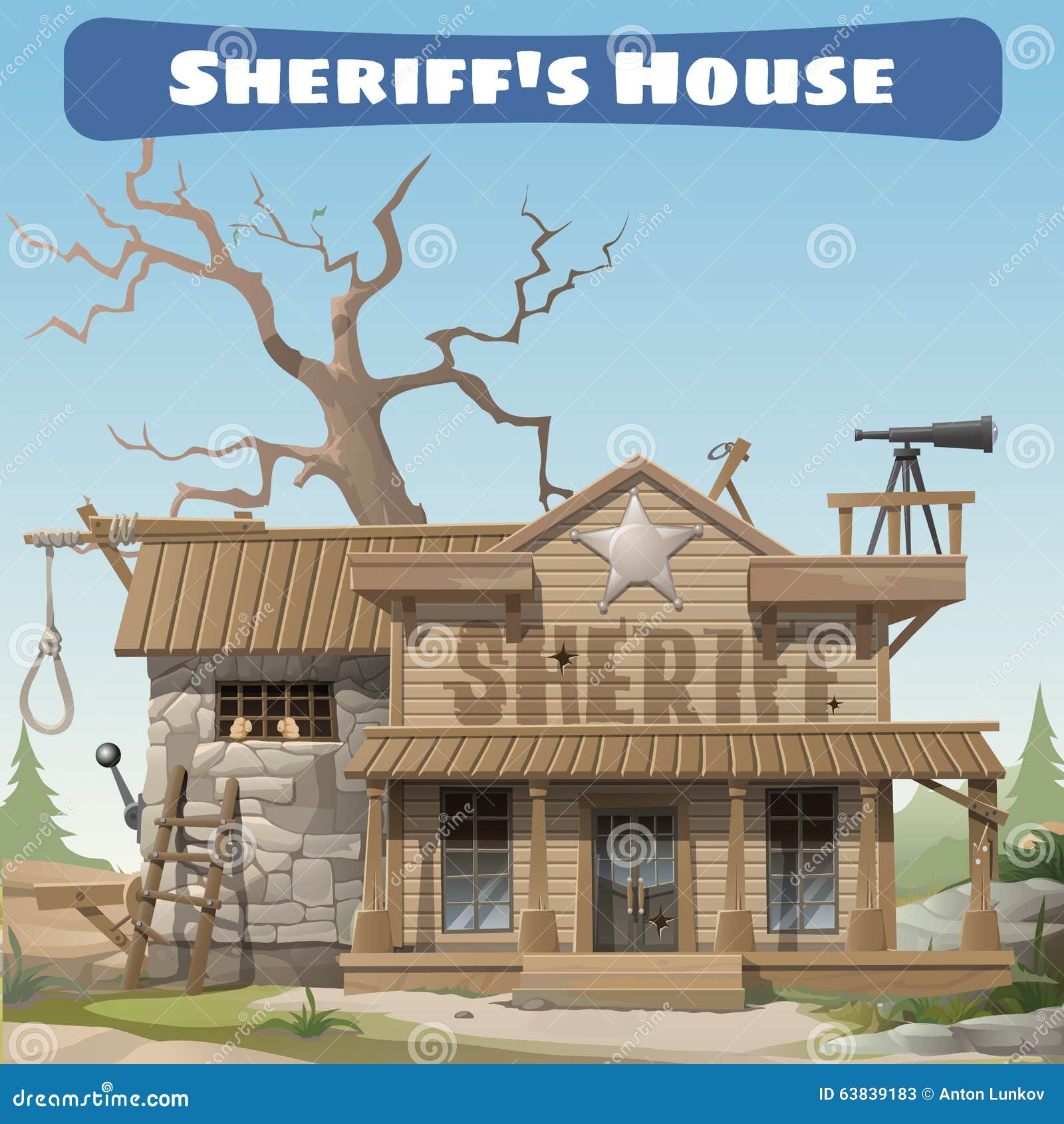 Sheriffs House with Prison and Scaffold, Wild West Stock Vector ...