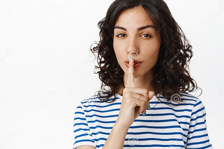 Shh Keep Secret Smiling Sensual Brunette Woman Shushing Telling To Keep Quiet Taboo Gesture