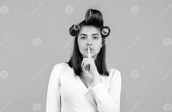 Shh Womens Secrets Woman With Curlers Showing Secret Sign Funny